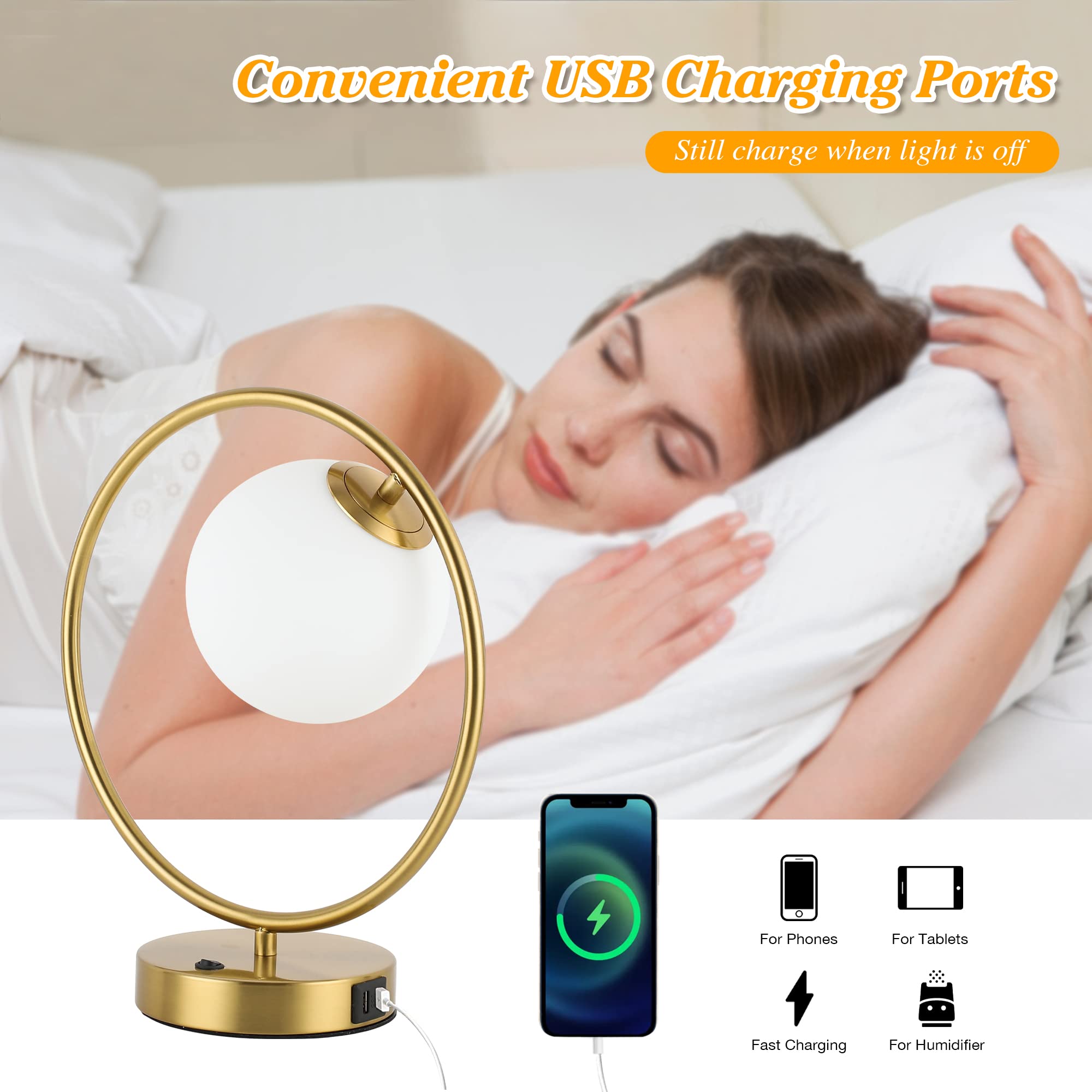 YHTlaeh Table Lamp Modern Globe Glass Desk Lamp Gold Reading Lamp Moon Shape Metal Table Light for Bedroom Living Room Office G9 Base