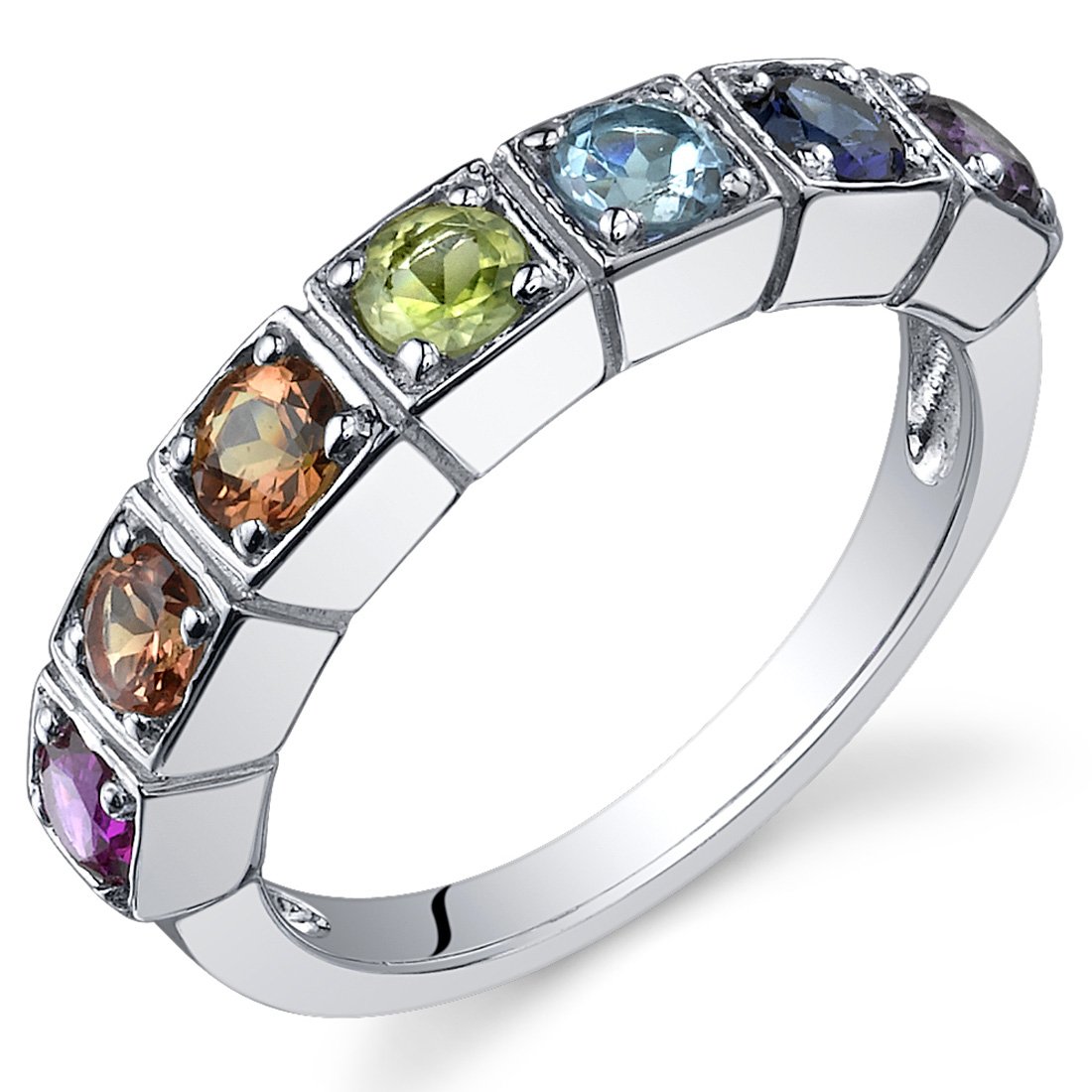 PEORA 7 Stone Rainbow 1.75 Carats Half Eternity Ring Band 925 Sterling Silver with Genuine and Created Gemstones, Size 9