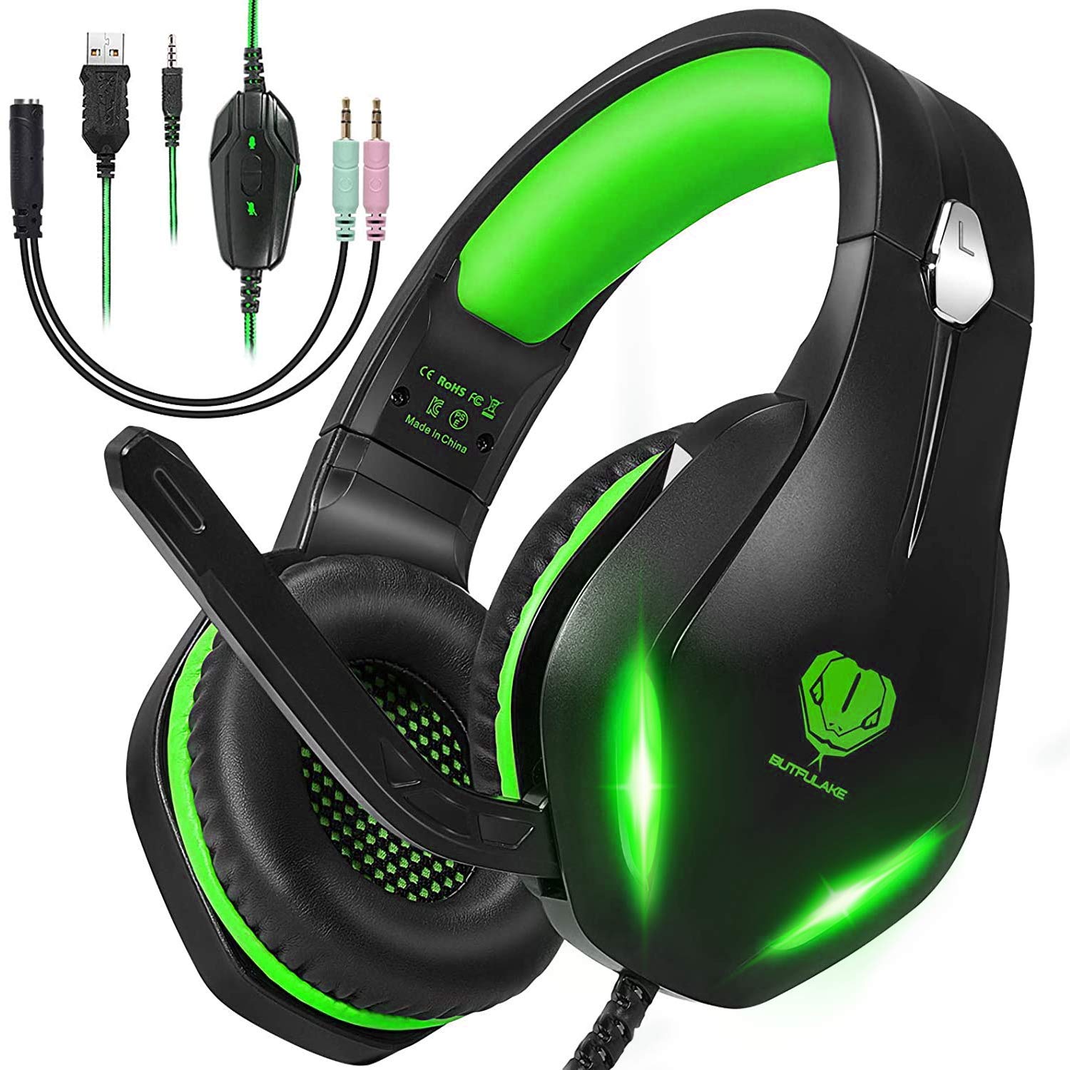 Vimbo Gaming Headset with Microphone for PS5 PS4,Xbox One,Laptops,PC,Phones, Stereo Over Ear Gaming Headphones with Noise-Canceling Microphone and LED Light