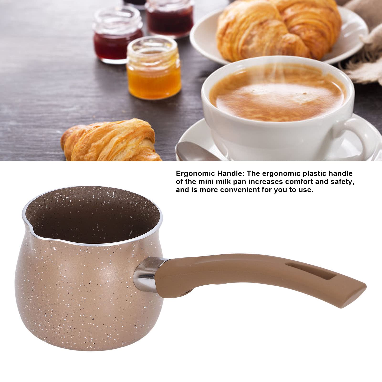 Yosoo Non Stick Milk Pan, 8cm Stay Cool Handle Aluminum Alloy Cooking Pot with Non Drip Double Pouring Lip for Coffee Butter Chocolate(Coffee)