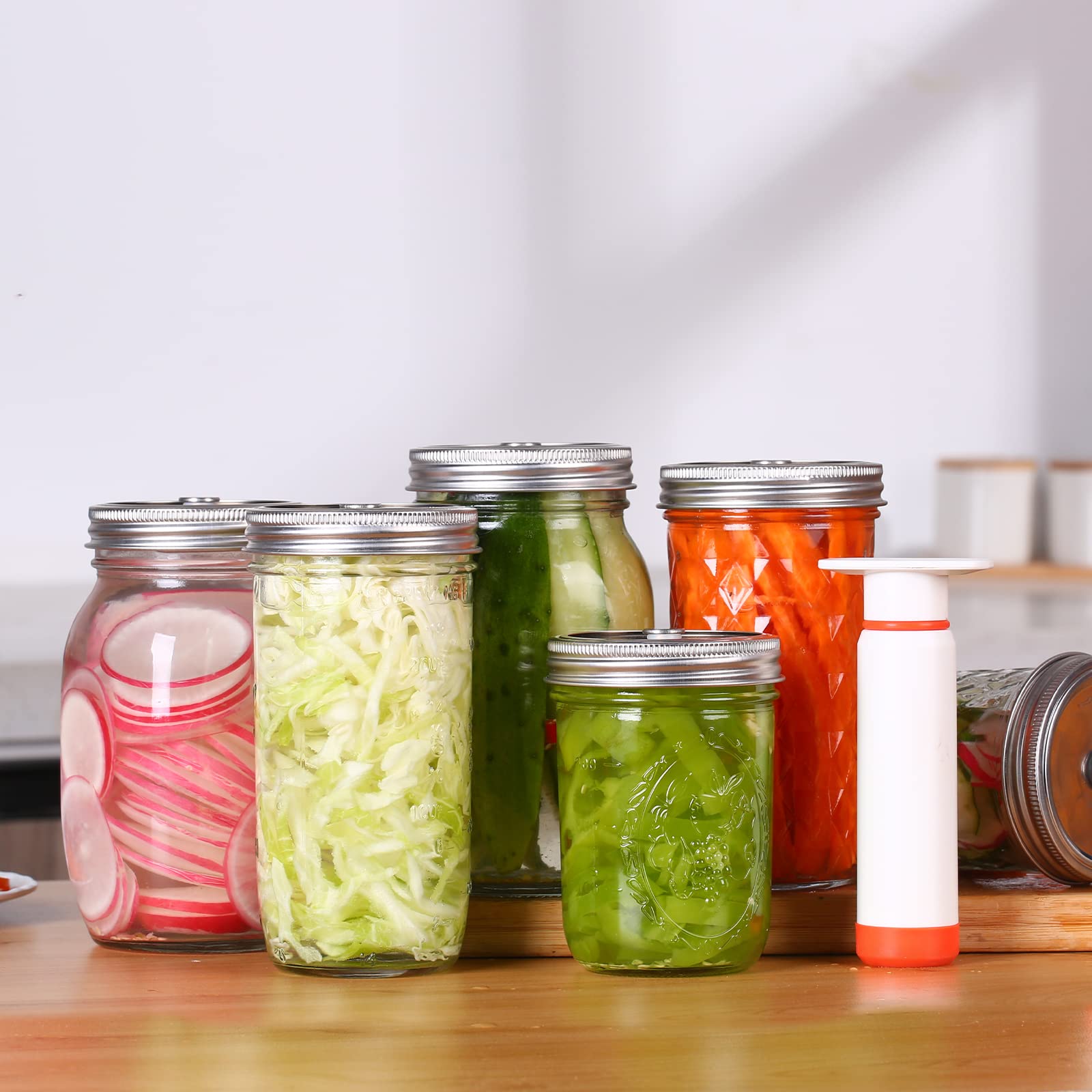 YARWELL Vacuum Lids for Wide Mouth Mason Jar (6 Lids + Pump)