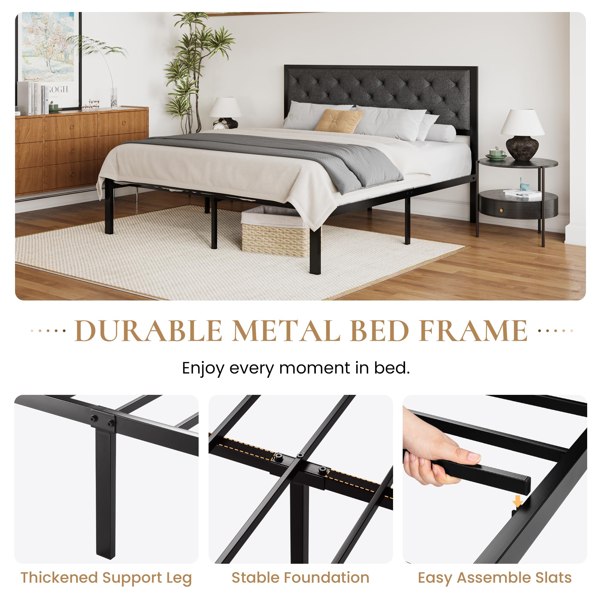 SHA CERLIN King Size Metal Platform Bed Frame with Linen Fabric Upholstered Button Tufted Headboard, Mattress Foundation with 12.4β Storage, No Box Spring Needed, Easy Assembly, Dark Grey