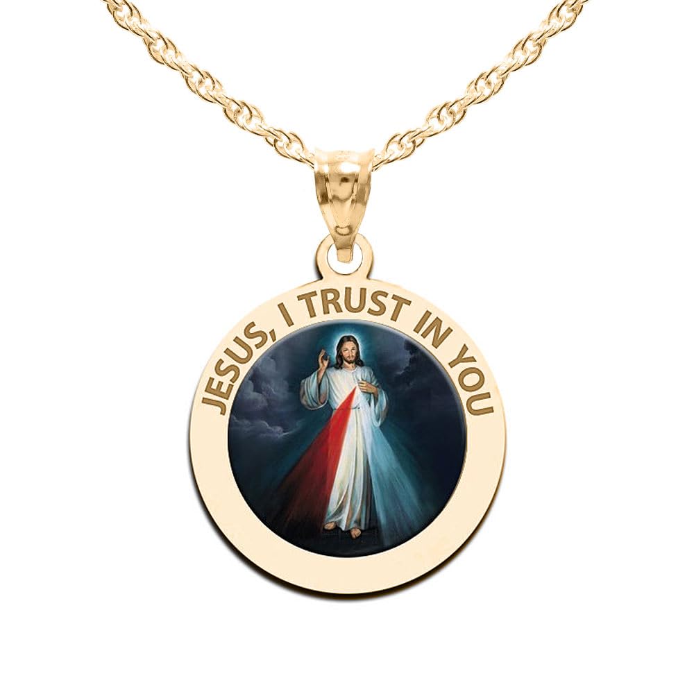PicturesOnGold.com Divine Mercy Round Religious Medal - 1 x 1 Inch Inch - 10K Solid Yellow Gold