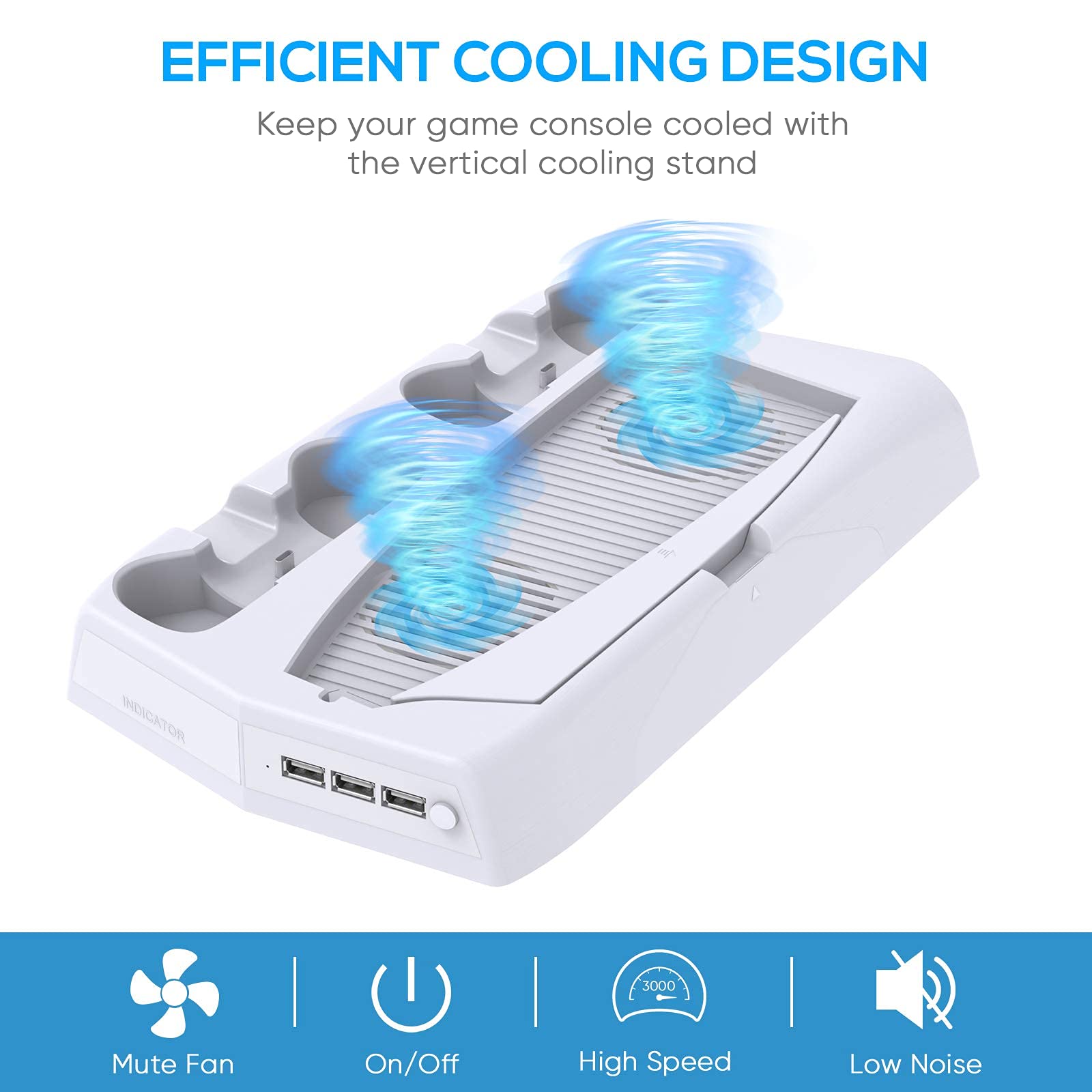 Vertical Stand for PlayStation 5 with Cooling Fan Charging Station for PS5 Digital Edition/Ultra HD Console with Controller Charger Game Rack Storage Organizer USB Ports for PS5 and DualSense-White