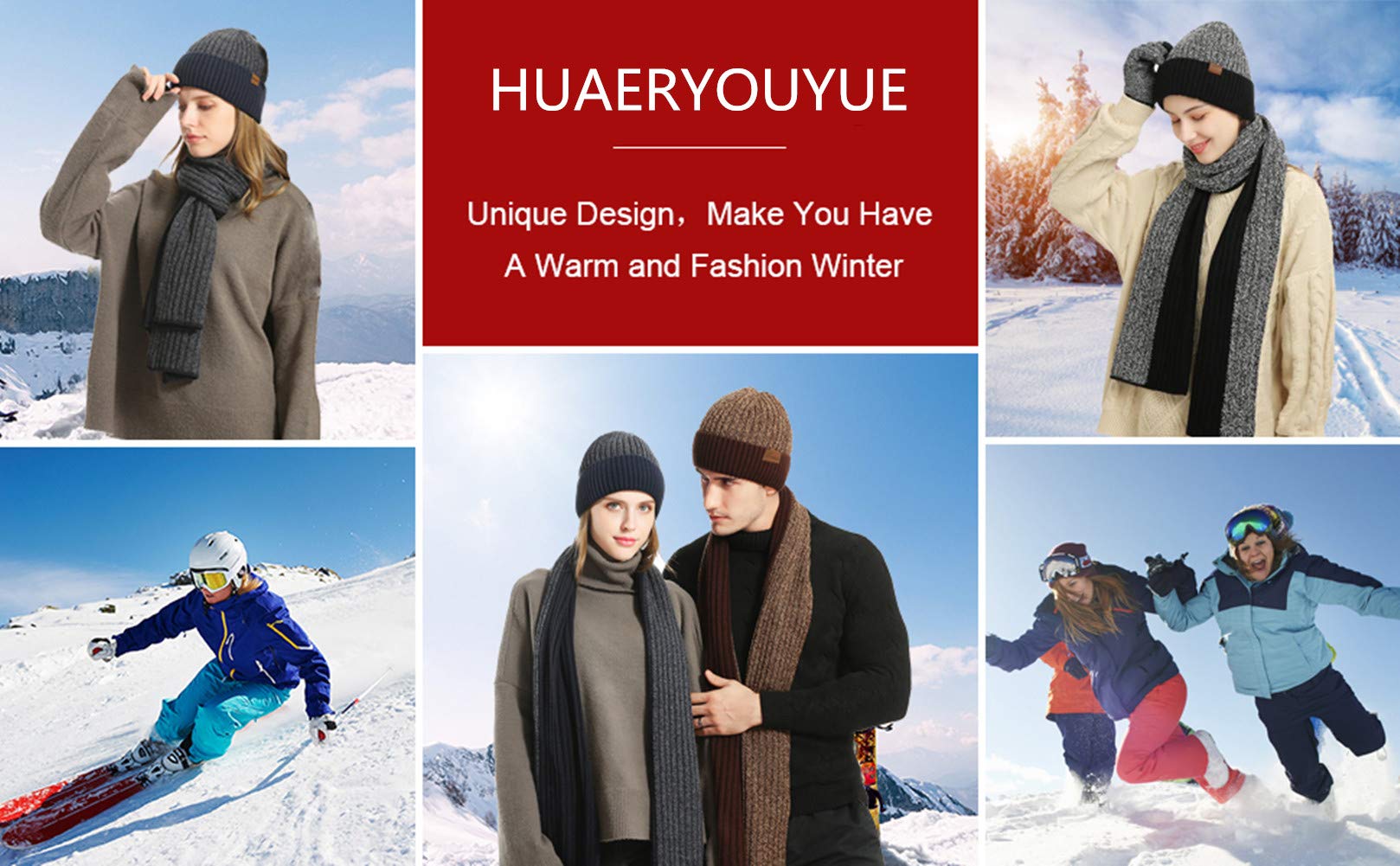 Winter Knit Beanie Hat Neck Warmer Scarf and Touch Screen Gloves Set 3 Pcs Fleece Lined Skull Cap for Men Women (Brown)