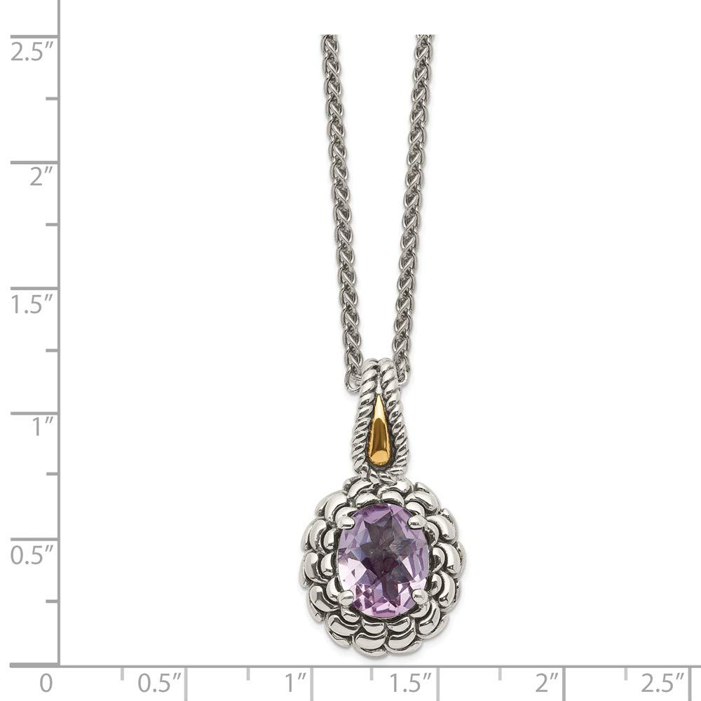 Solid 925 Sterling Silver 14k Yellow Gold Pink Quartz Pendant Charm - with Secure Lobster Lock Clasp 18" (Width = 14mm)