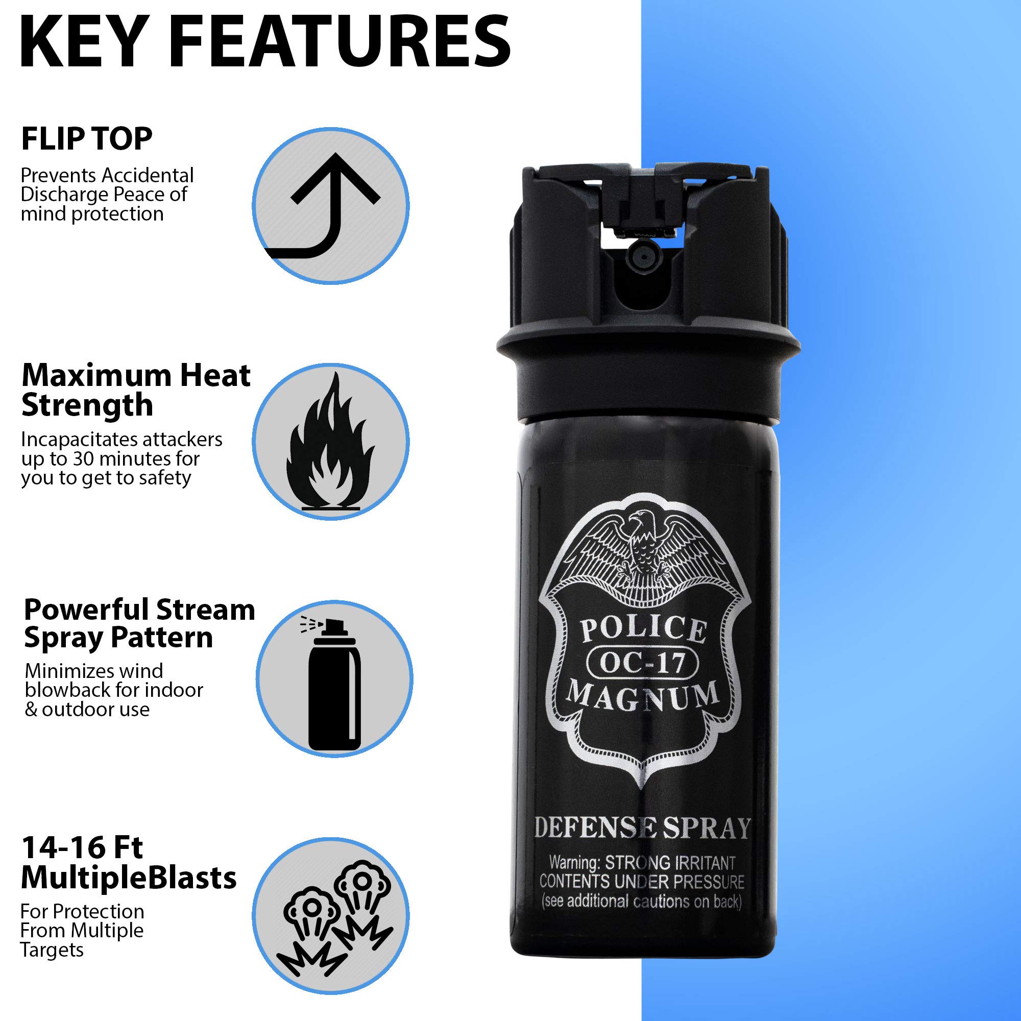 POLICE MAGNUM Black Pepper Spray Self Defense Safety Canister- Max Strength- 2oz Flip Top Stream