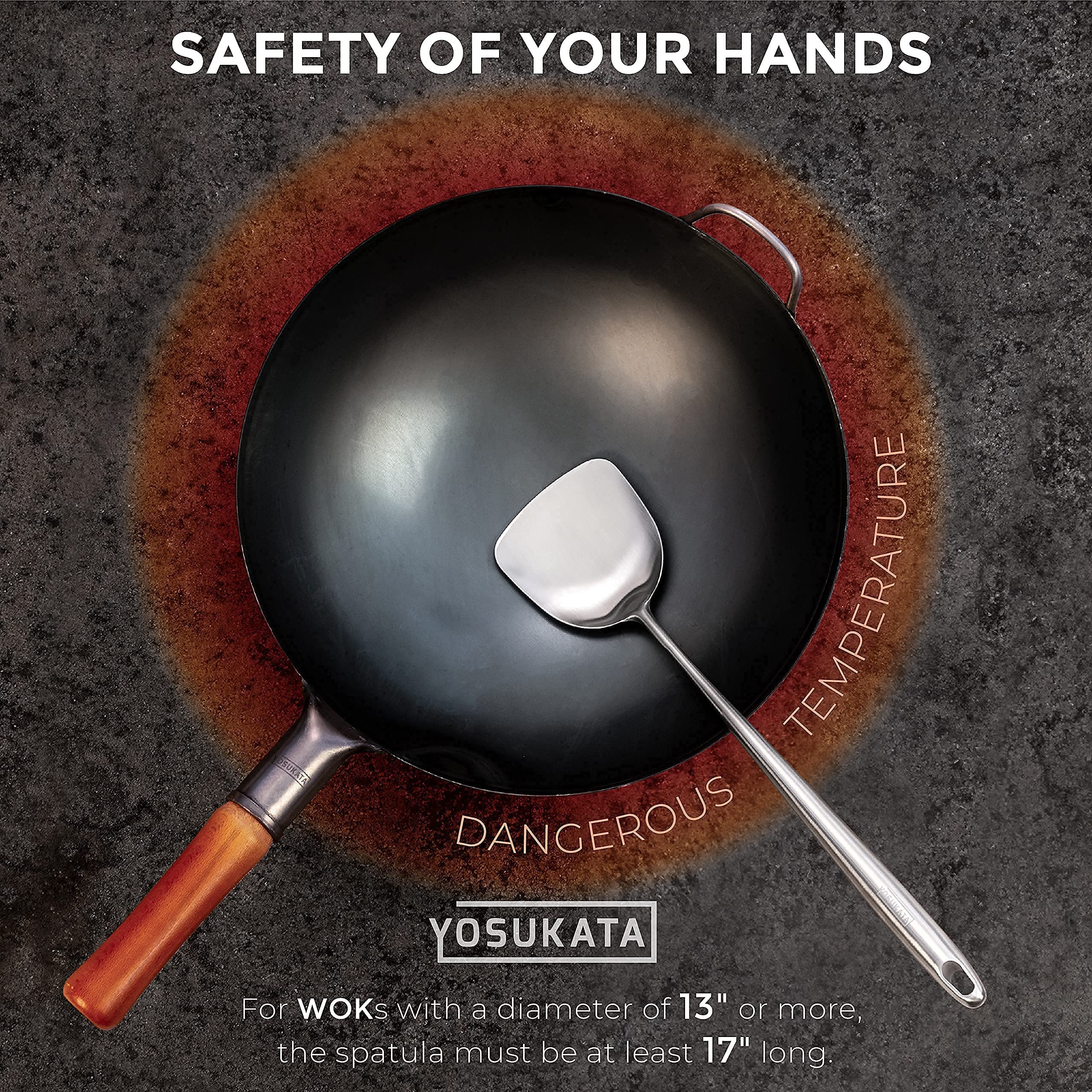 YOSUKATA Carbon Steel Wok Pan 14 17ββ Wok Spatula and Ladle - Set of 2 Heat-Resistant Wok Tools