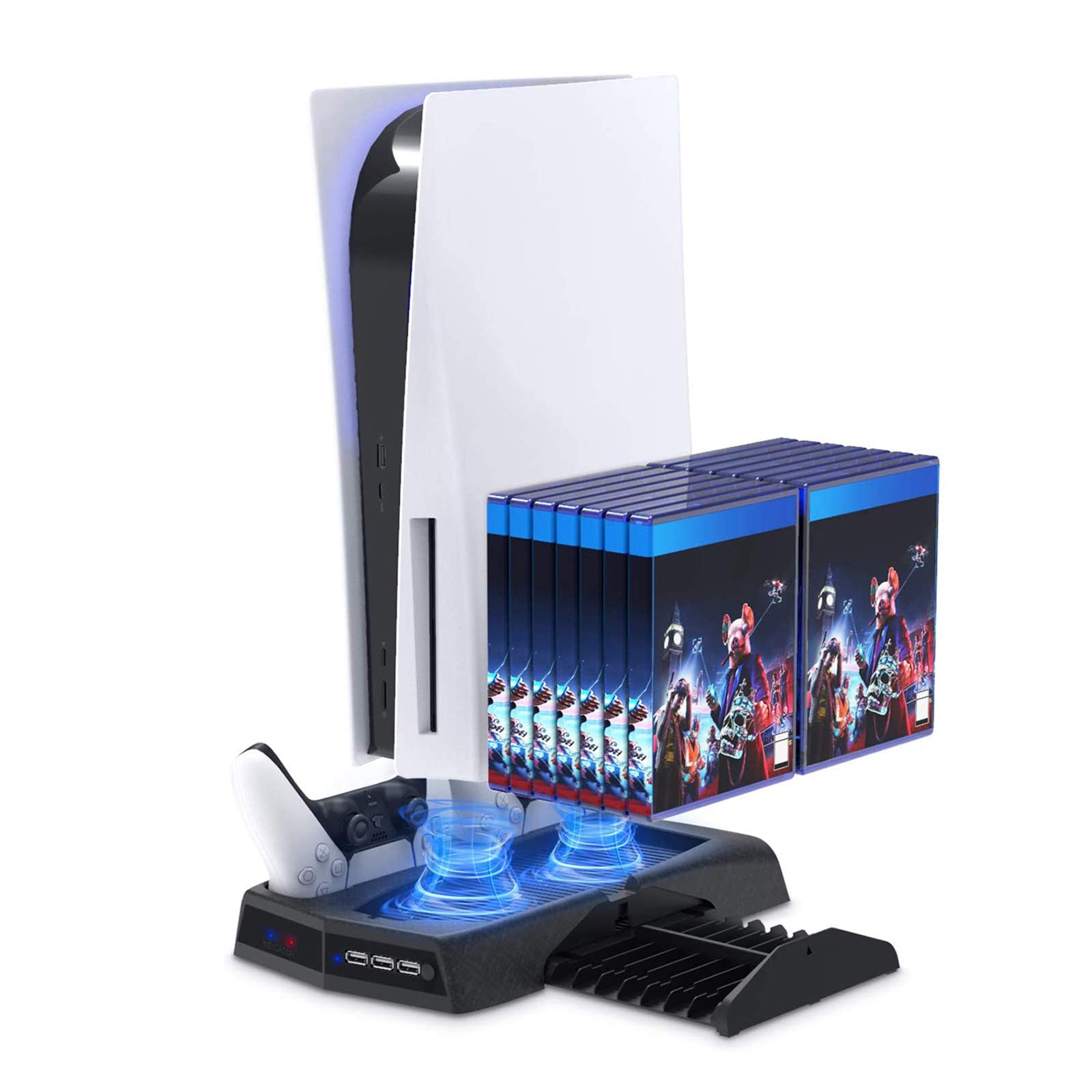 Vertical Stand for PS5 - With Cooling Fan Digital Edition/Ultra HD Playstation 5 Stand Controller Charge Station with Dual Controllers EXT Port Charger Dock and 3 USB HUB, 14 Game Slots