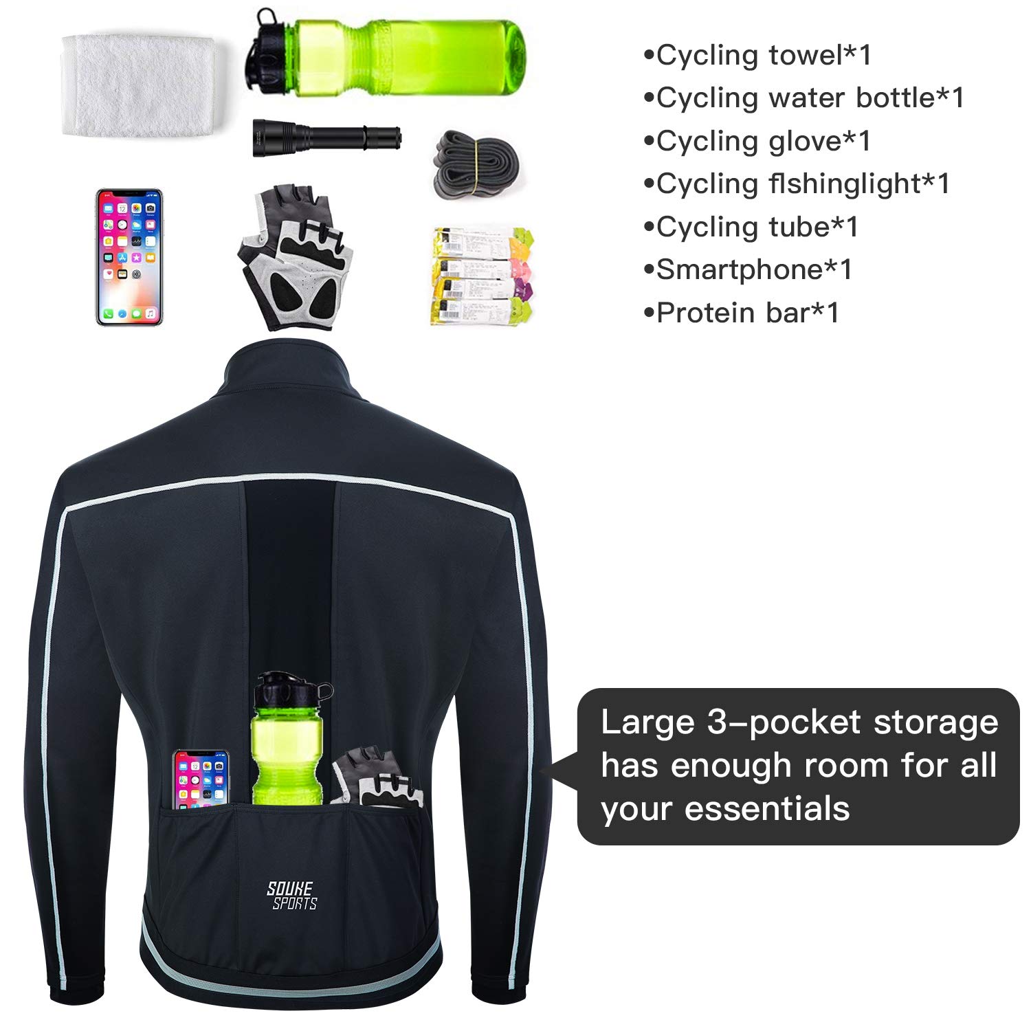 Souke Sports Men’s Winter Warm Cycling Jacket Windproof Running Water Resistant Thermal Breathable Softshell Windbreaker Reflective for Bike Riding Black(Black,Medium