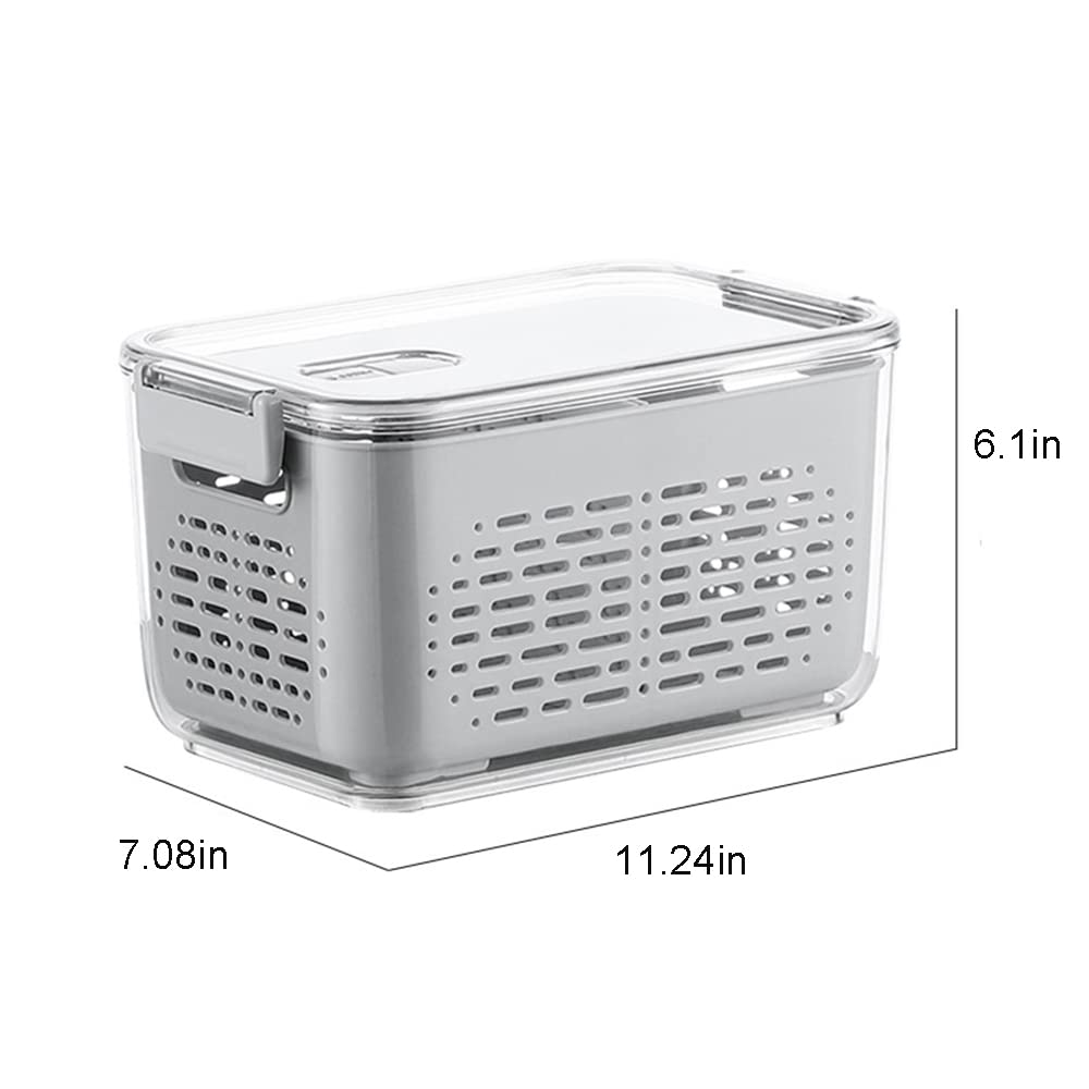 Qiveno Large Fruit Containers for Fridge - Leakproof Food Storage Containers with Removable Colander - Fridge Storage Container - Used in Storing Fruits Vegetables Meat Fresh Fish(Gray)