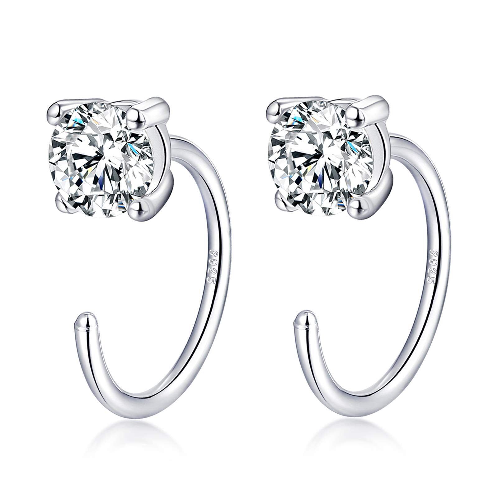Small Huggie Hoop Earrings, Half Hoops CZ Cubic Zirconia Rhinestone White Gold Plated Sterling Silver Hoop Earrings for Women Gift