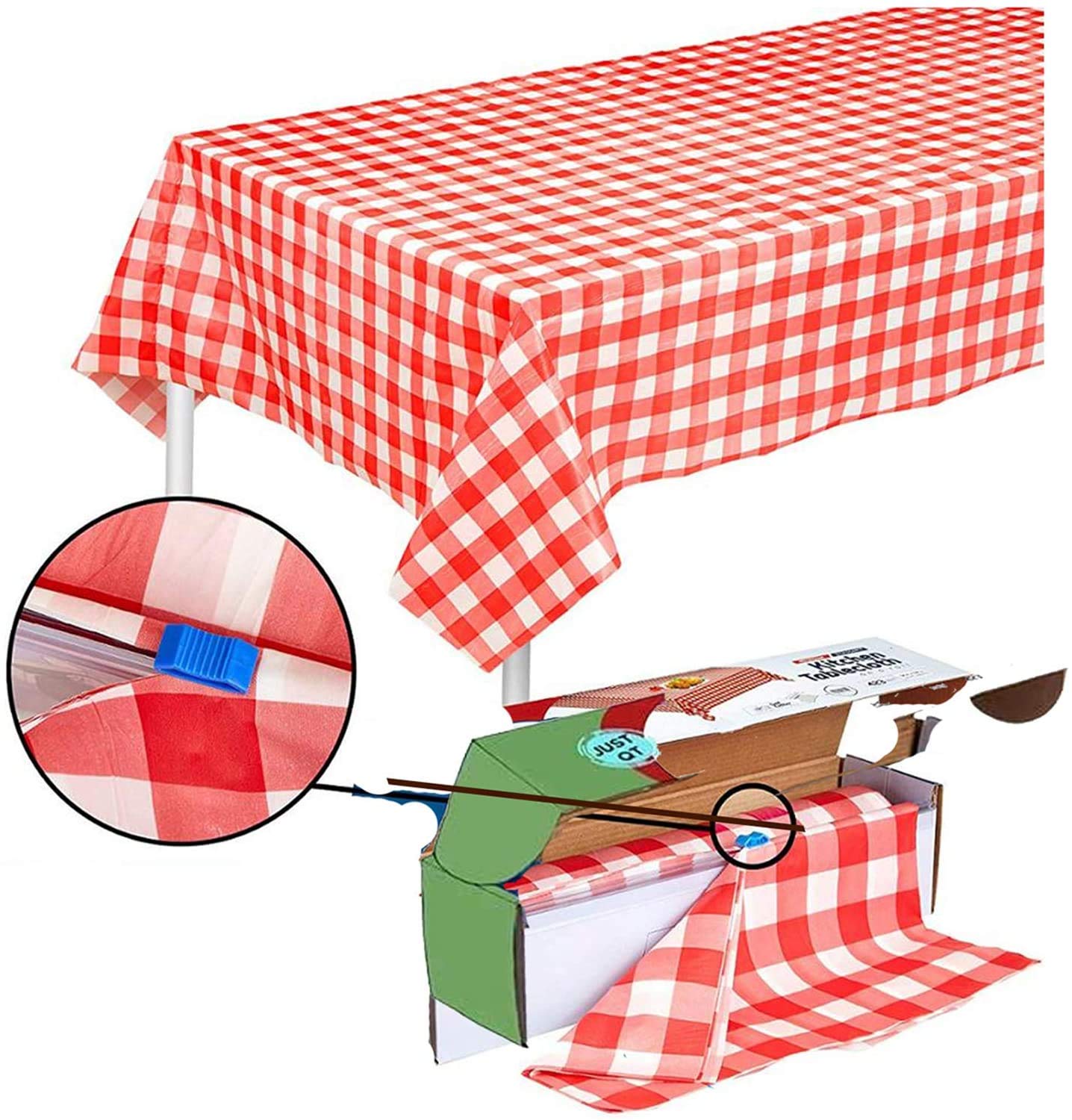 Red Gingham Checkered Table Cloth - Self Cutter Picnic Durable Table Cover Plastic, Tablecloth Rectangle Roll 54 Inch X 100 Feet | Water Resistant Thin Disposable Outdoor Tablecloth