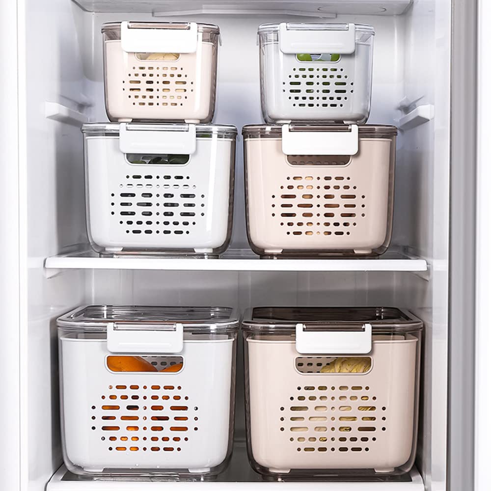 Qiveno Large Fruit Containers for Fridge - Leakproof Food Storage Containers with Removable Colander - Fridge Storage Container - Used in Storing Fruits Vegetables Meat Fresh Fish(Gray)