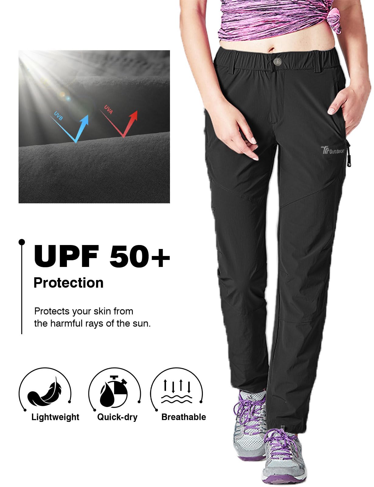 Rdruko Women's Outdoor Hiking Pants Lightweight Quick Dry Water Resistant Travel Fishing Pants with Pockets(Black, US M)