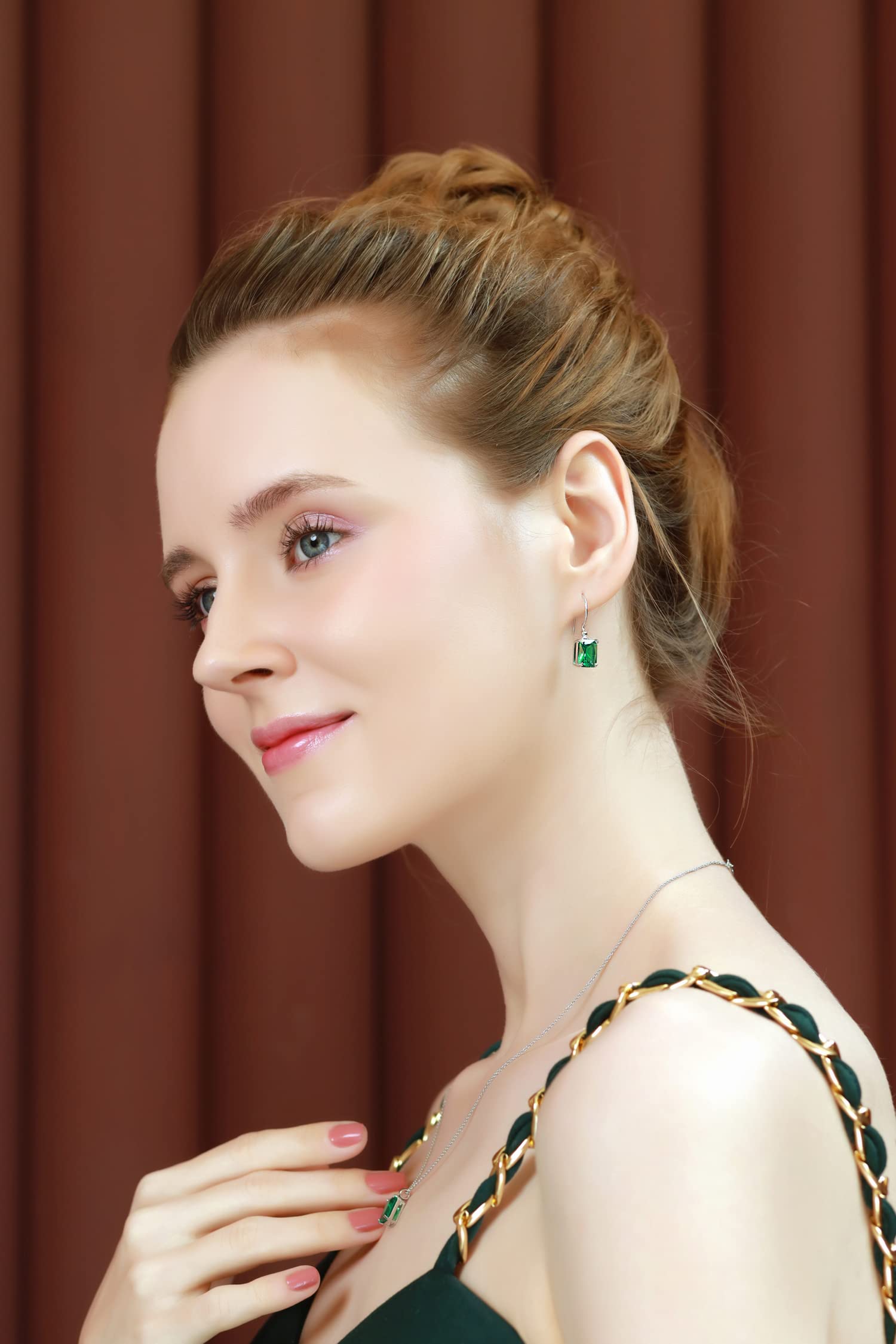 Sterling Silver Simulated Emerald Octagon-Cut Solitaire Drop Dangle Earrings for Women