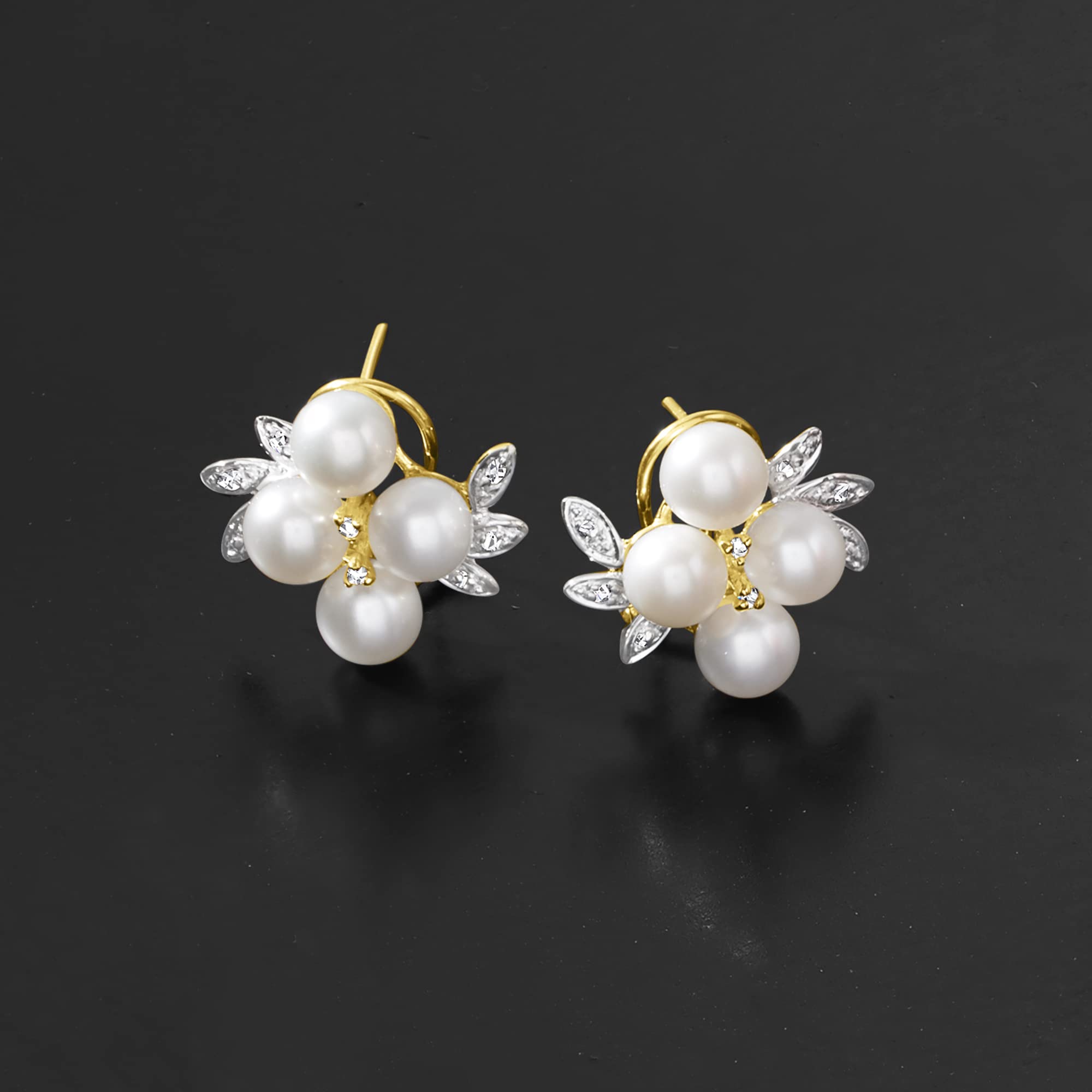 Ross-Simons 5.5-6mm Cultured Pearl Cluster Earrings With Diamond Accents in 14kt Yellow Gold