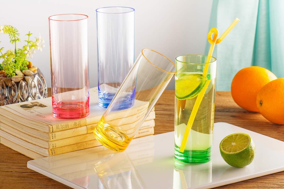YINJOYI 12 oz Highball Drinking Glasses Plastic Tumblers Tall Kids Water Cups Adults Glassware Colored Picnic Drinkware Reusable Set of 4