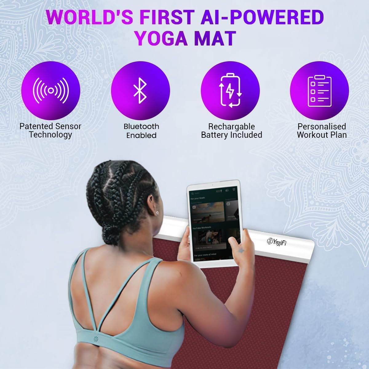YogiFi Smart Non-Slip Meditation Travel Yoga Mat,Exercising Pad,Great for Women & Men of All Ages,6mm Thick with Artificial Intelligence(AI) for Interactive and Real Time Posture Feedback (Grey)