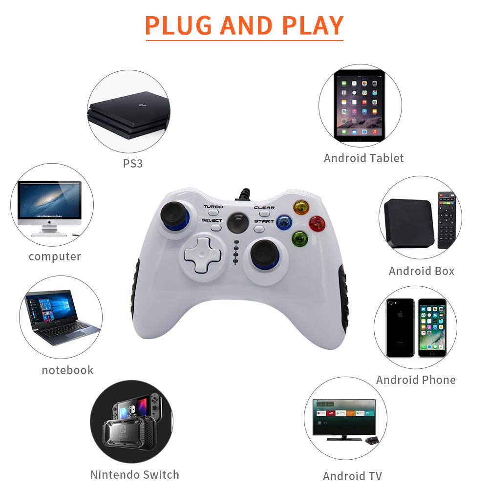 Wired PC Game Controller,Video Game Gamepad,with Dual-Joystick,Vibration Motors,7.2 feet USB Cable,Compatible with PC Windows,PS3,Android TV Box (White)