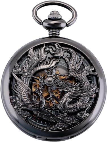 SIBOSUN Pocket Watch Antique Dragon Mechanical Skeleton Double Cover with Chain Men - Bronze Blue