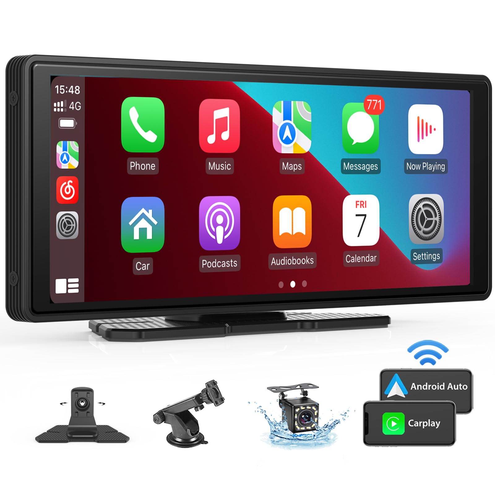 Portable Car Stereo Wireless Apple Carplay Wireless Android Auto, 9.3INCH IPS Touchscreen Car Audio Receivers with Bluetooth, Wireless Portable Multimedia Player, FM/AUX/TF/USB/Dash Mount Car Stereo