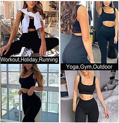 TWFRHC Women's Workout Sets 2 Piece Ribbed Seamless High Waist Gym Outfit Yoga Leggings Sets