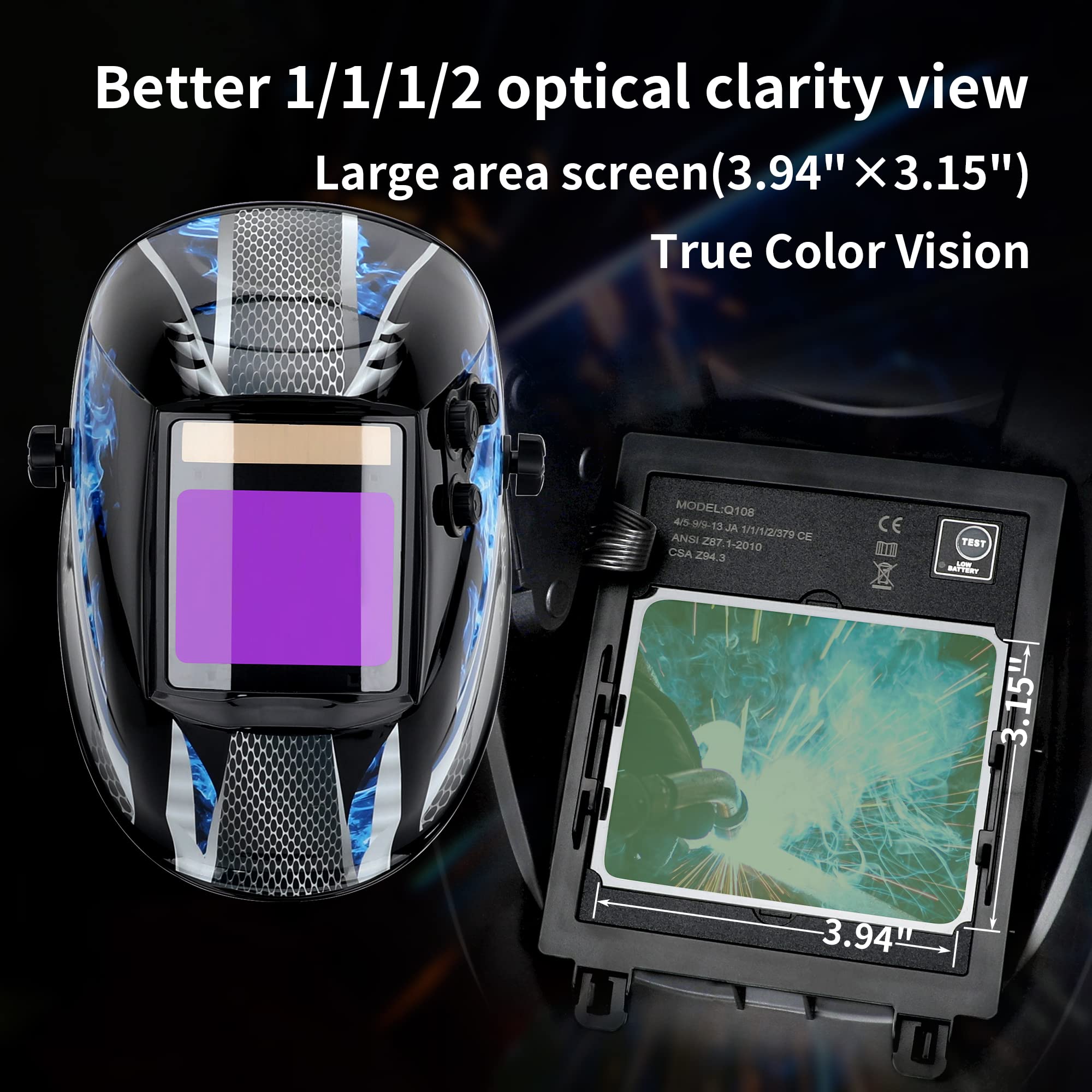 Welding Helmet, True Color Auto Darkening Welding Helmet, Large Viewing Screen Welding Mask for TIG MIG ARC, Solar Powered Welding Hood, 4 Arc Sensor Welder Helmet Wide Shade 4/5-9/9-13 (Blue)
