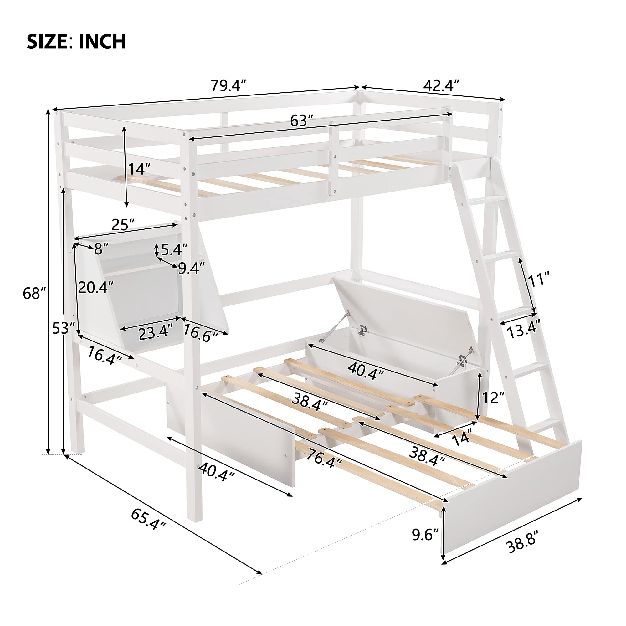 Twin Loft Bed with Storage Shelf Wood Loft Bed Frame with Convertible Lower Bed, Twin Size Loft Bed with Drawer and Ladder, Separated Loft Bed & Twin Platform Bed for Kids Teens Adults (White)
