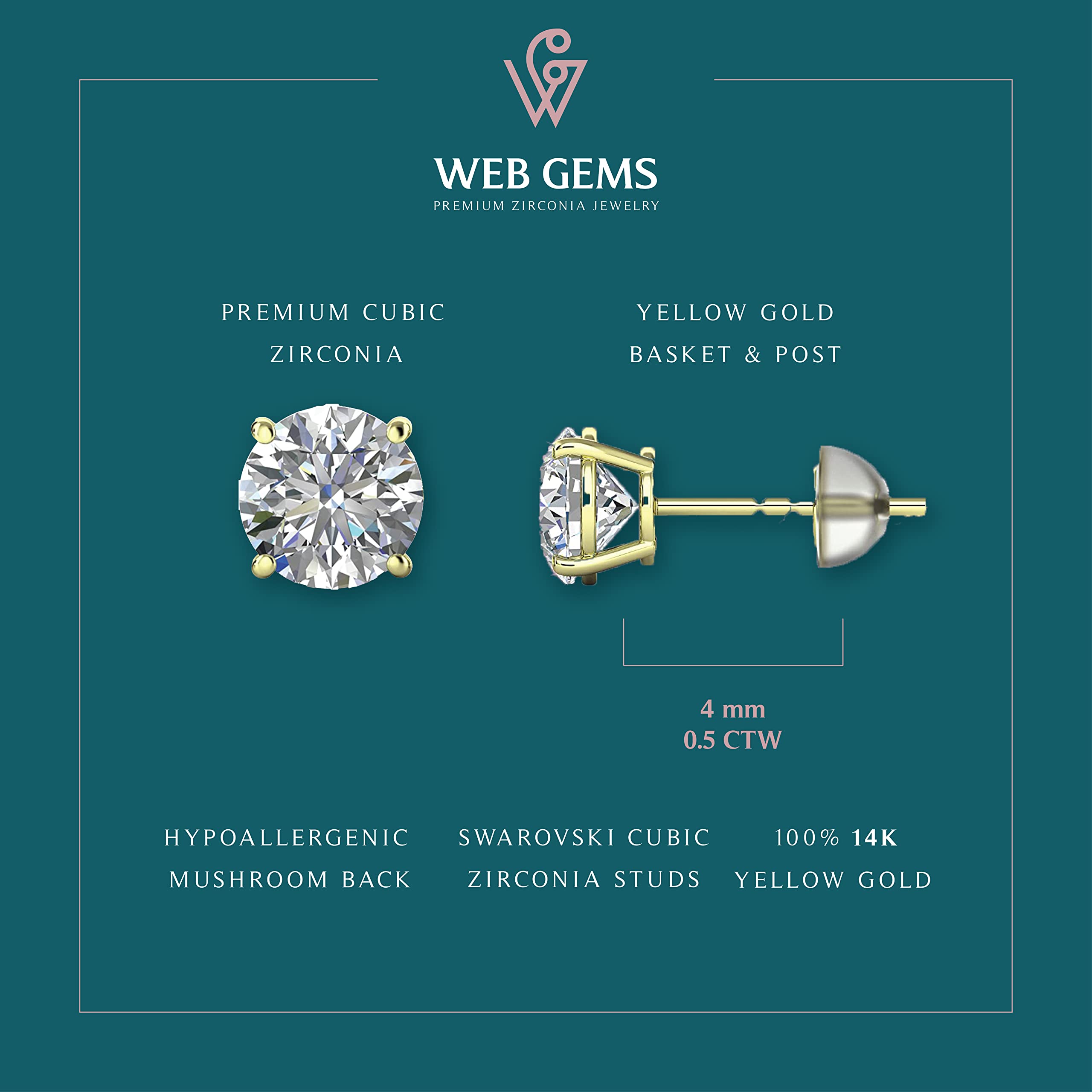 Web Gems Pure Brilliance Simulated Diamond Cubic Zirconia Stud Earrings For Women – Solid 14K White Gold Post And 925 Sterling Silver Basket – Premium Quality Faux Diamond Stud – 8mm