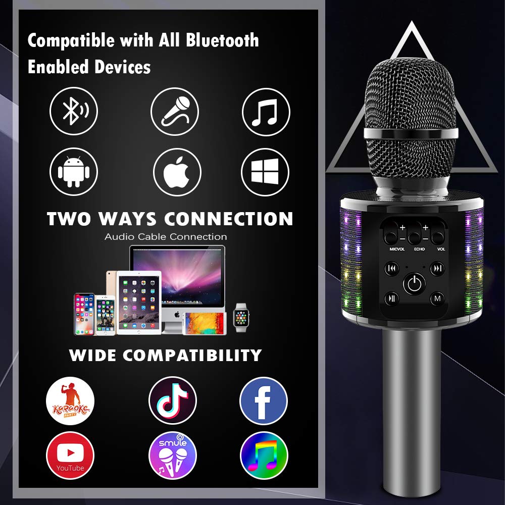 Wireless Bluetooth Karaoke Microphone with Controllable LED Lights, Portable Handheld Funny Microphone for Kids with Dual Sing, Suitable for Christmas Birthdays Family Gatherings Speeches(Black)