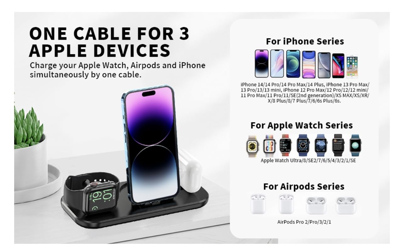 Portable Charging Station for Multiple Devices Apple Foldable 3 in 1 Charging Dock for Apple Watch Ultra/8/SE 2/7/6/SE/5/4/3/2/1 Travel Charger Fast Charging Stand for iPhone 14Air Pods White