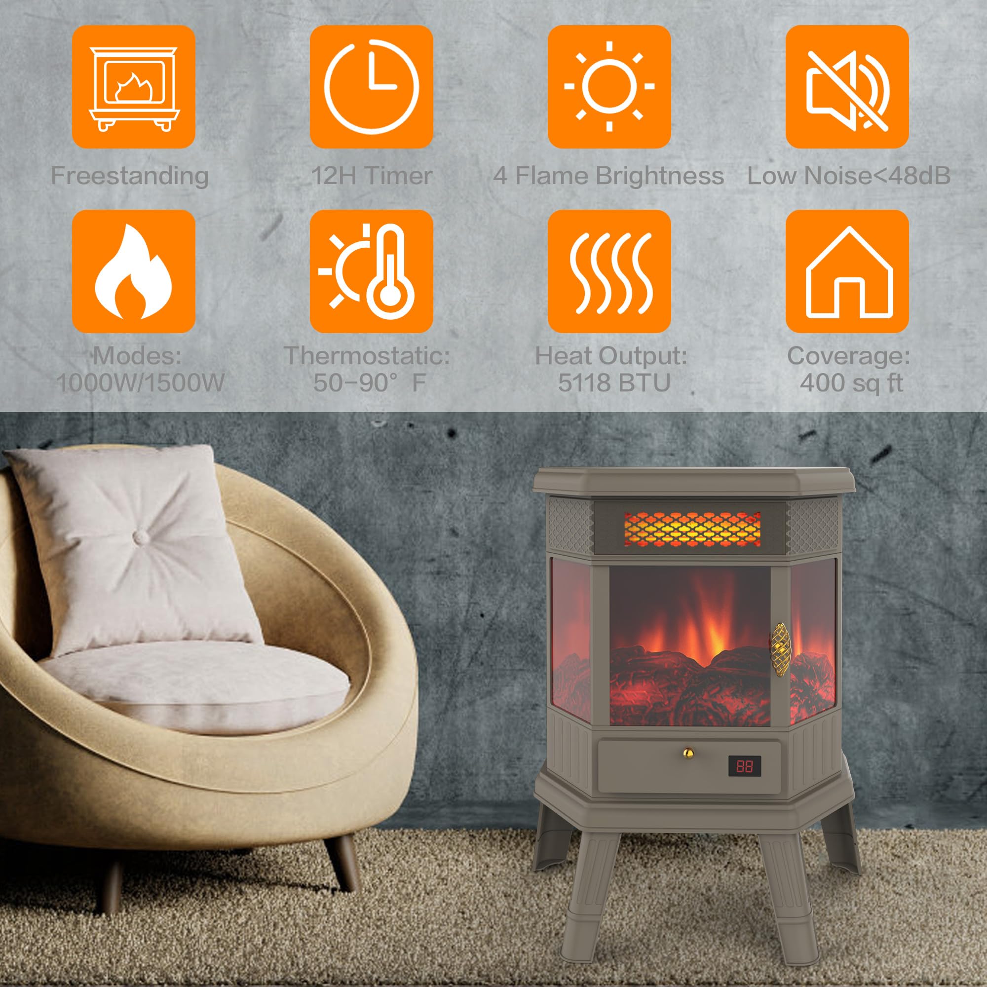 RealSmart Electric Fireplace Heater 22'' Freestanding Fireplace Stove Infrared Fireplace with 3D Flame Effect Remoted Control, Timer, Overheating Protection (Blue)