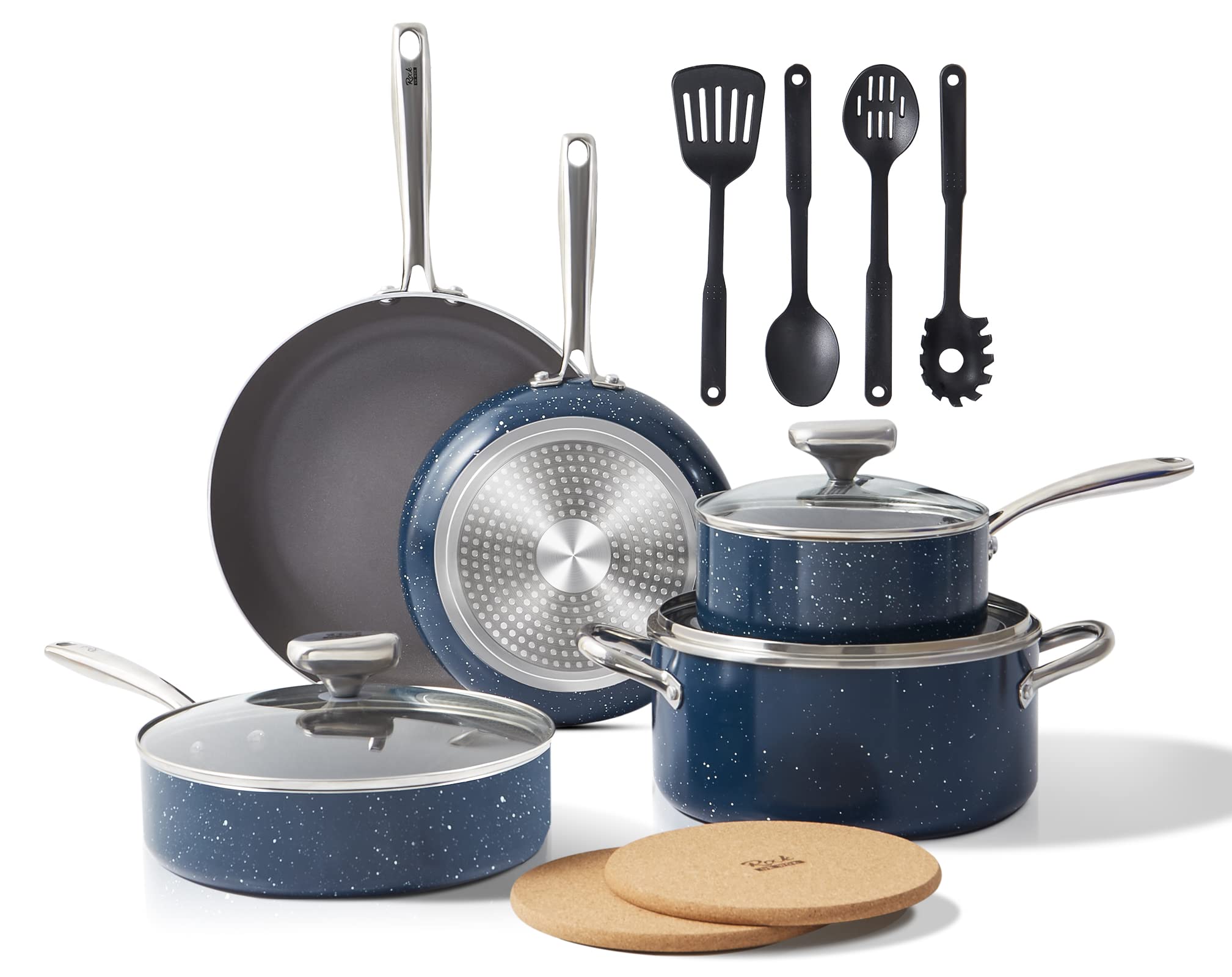 Rockurwok Ceramic Nonstick Cookware Set, 6 Pieces Pots and Pans, Non Toxic Without PFAS & PTFE, Induction | Cast Steel Handle | Dishwasher & Ovens Safe (14PCS)