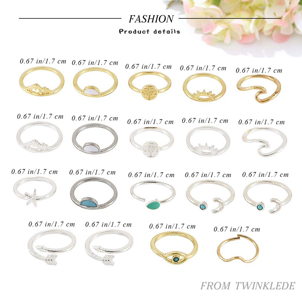 TWINKLEDE 19Pcs Finger Rings Silver Stackable Rings Statement Knuckle Ring Set Moon Star Wave Joint Accessories for Women