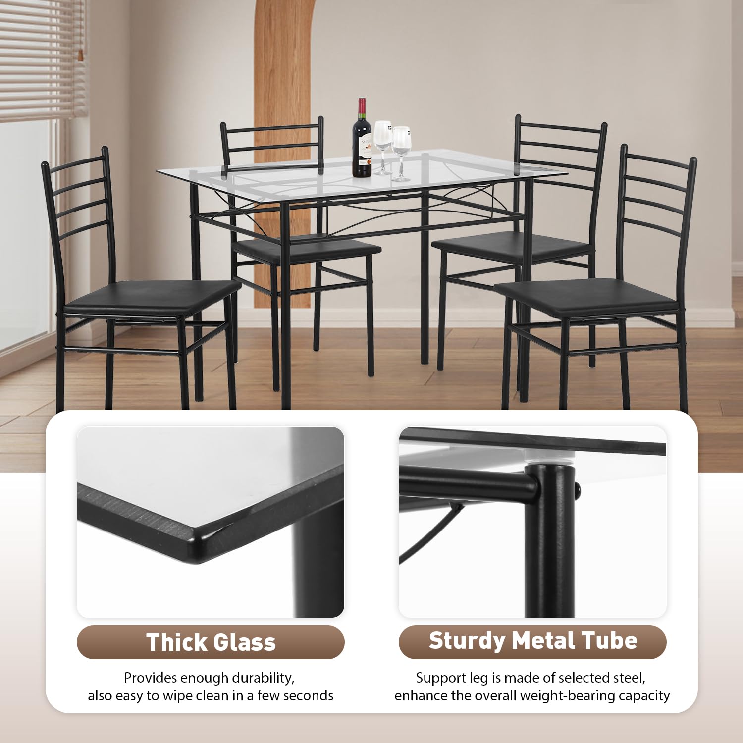 PayLessHere Dining Room Set 5-Piece Classic Dining Table Set for 4, Glass Top Table and 4 Rectangular Modern Chairs with Metal Legs for Dining Room and Kitchen