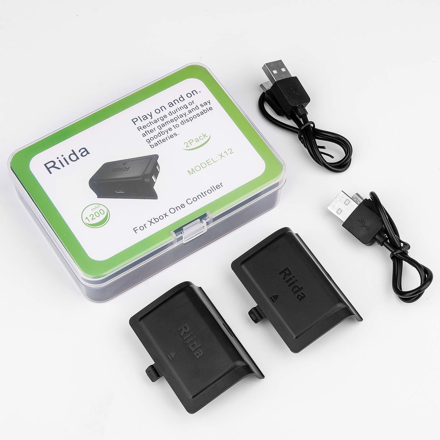 Rii Xbox one Battery Pack 1200mAh (2-Pack) Rechargeable Lithium for Xbox One S/Xbox One X/Xbox One Elite Wireless Controller with 2 of 1 Feet Micro USB Charging Cable and LED Indicator