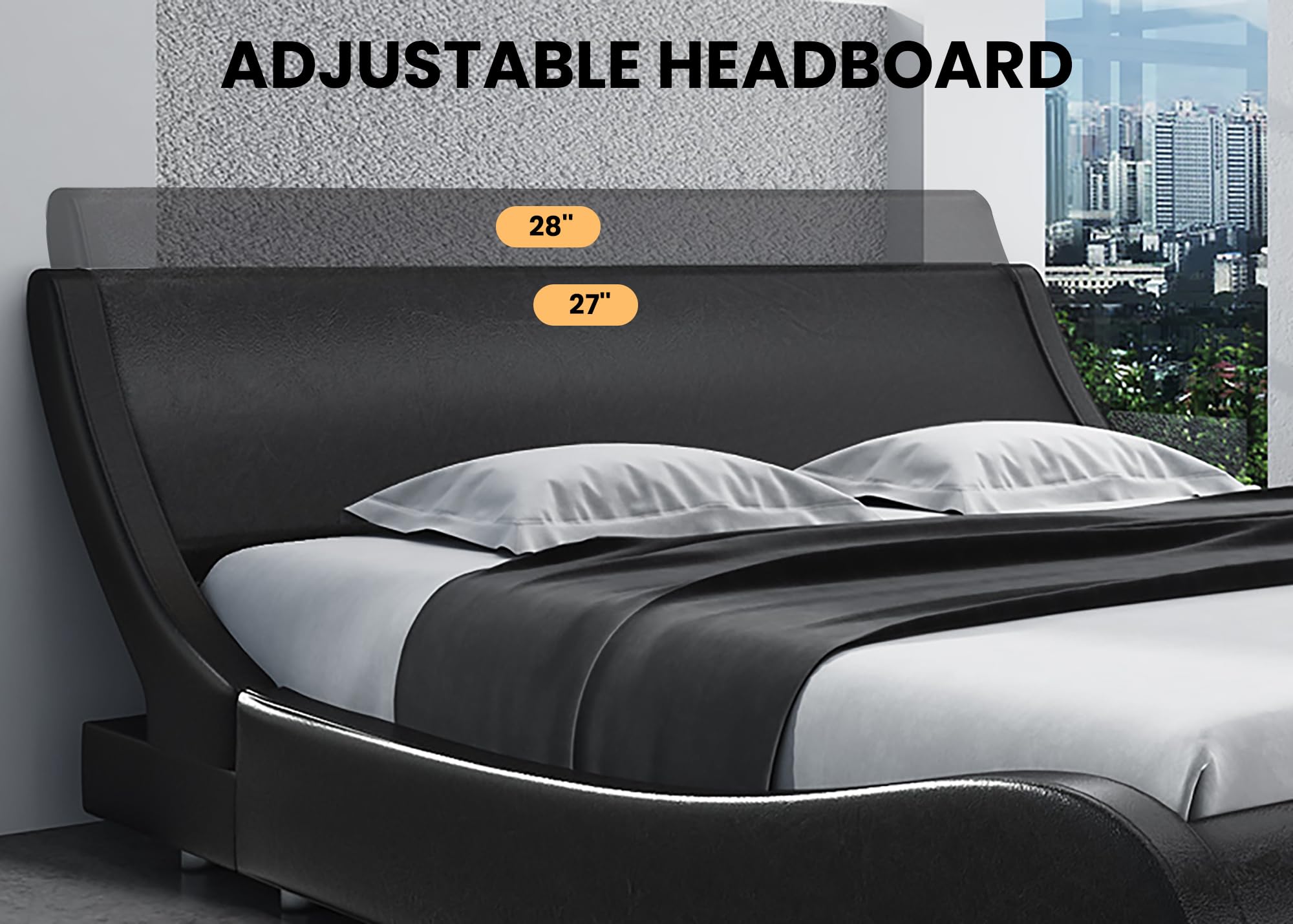 SHA CERLIN King Size Platform Bed Frame - Stylish Low Profile Design, Ergonomic Faux Leather Headboard, No Box Spring Needed, Modern Sleigh Bed, White
