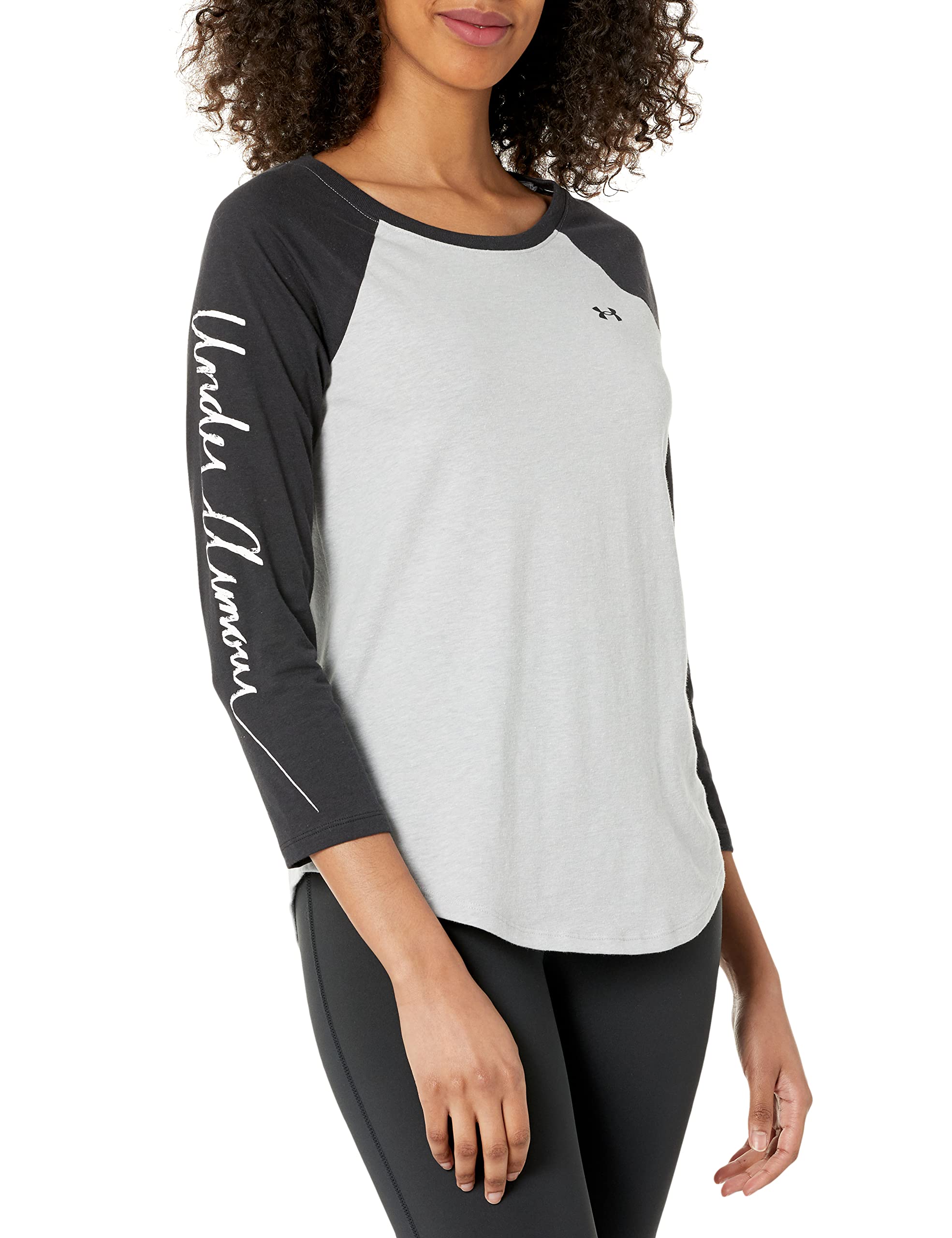 Under Armour Women's Wordmark Script Baseball Long-Sleeve T-Shirt, Mod Gray Light Heather (011)/Penta Pink, X-Large