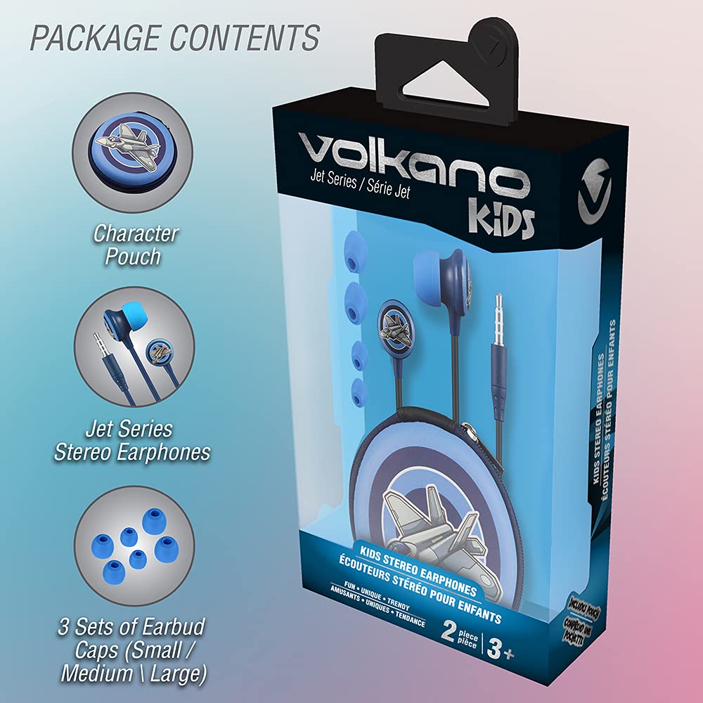 Volkano Cute Wired Earbuds for Kids - 3.5mm Output for Computer, Cell Phones, & More - in Ear Silicone Noise Isolating Child Sized Earbuds with Storage Case - (Blue) Jet Series