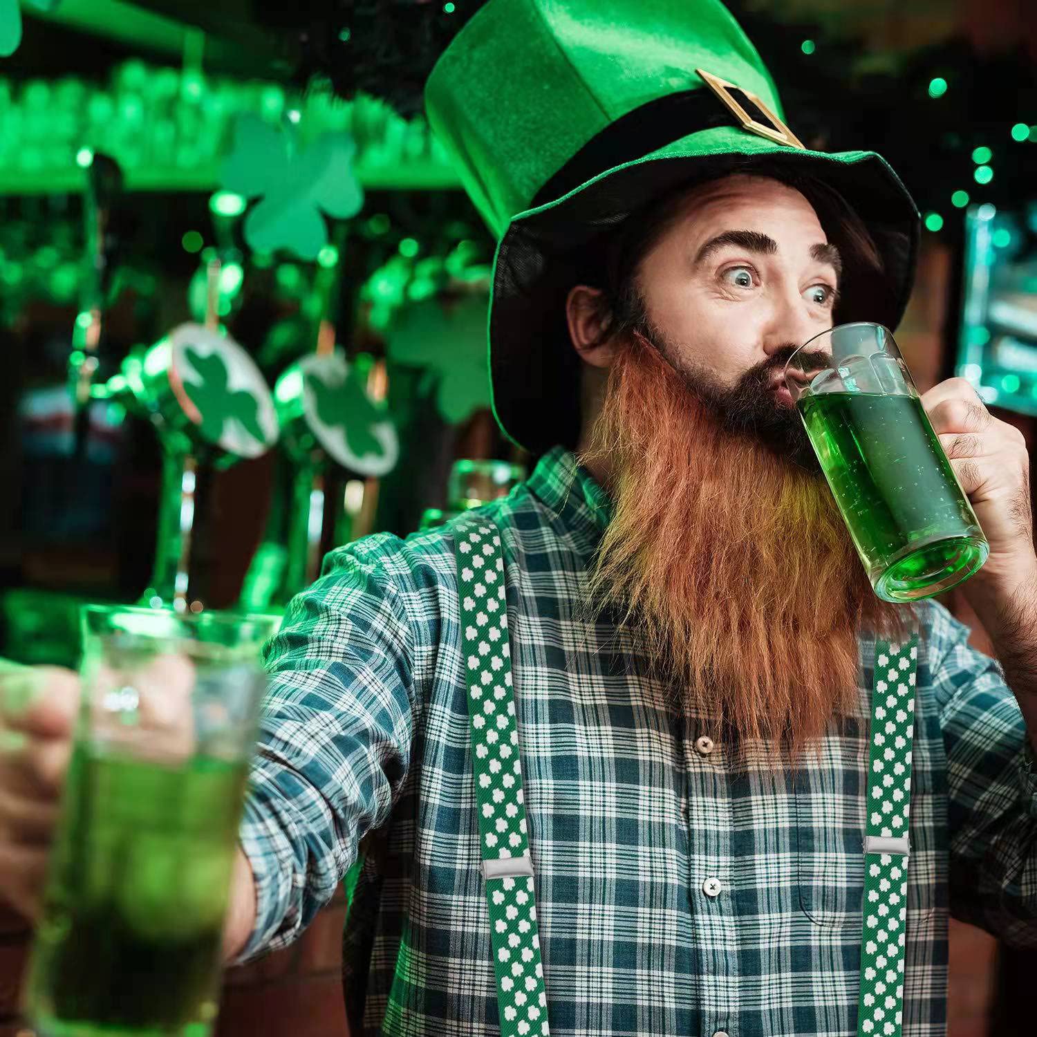 Vnrglix St Patricks Day Suspenders for Men Women Saint Patrick's Day Accessories Irish Suspenders with White Shamrocks Clovers