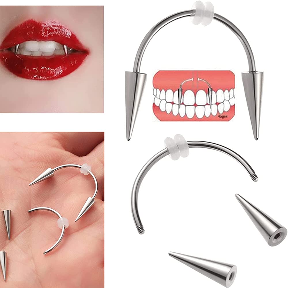 Ypser 2PC Vampire Teeth Ring Stainless Steel Teeth Nail Rings Smiley Piercing Teeth Jewelry (Golden + Silver) 1.2mm (16G)