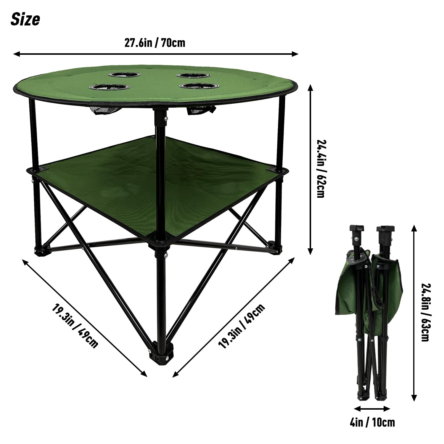 Portable Outdoor Camping Folding Round Table, Double Layer Picnic Table with Four Cup Holes and Carry Bag, Table Suitable for Outside, Beach and BBQ (Army Green)