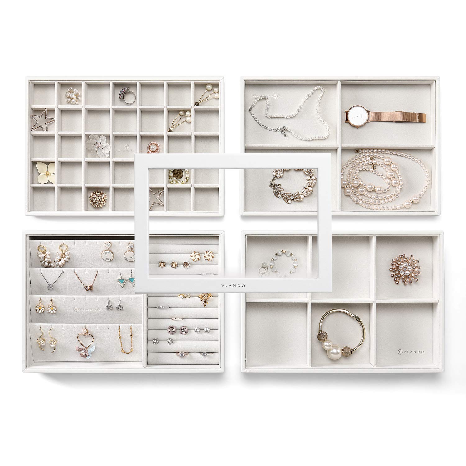 Vlando Jewelry Tray - Faux Leather Glass-top Jewelry Storage Organizer - Earring Necklace Bracelet Ring Display Desktop Drawer Chest, 4-Layer w/Clear Lid, White