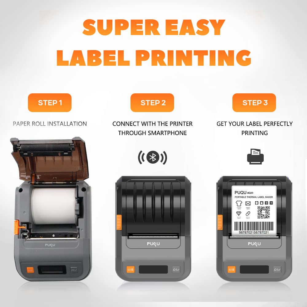 PUQU AQ20 Label Maker - Portable Label Maker Bluetooth Wireless Thermal Label Printer for Clothing, Jewelry, Retail, Cable, Mailing, Barcode and More, Compatible with Android & iOS System, Black