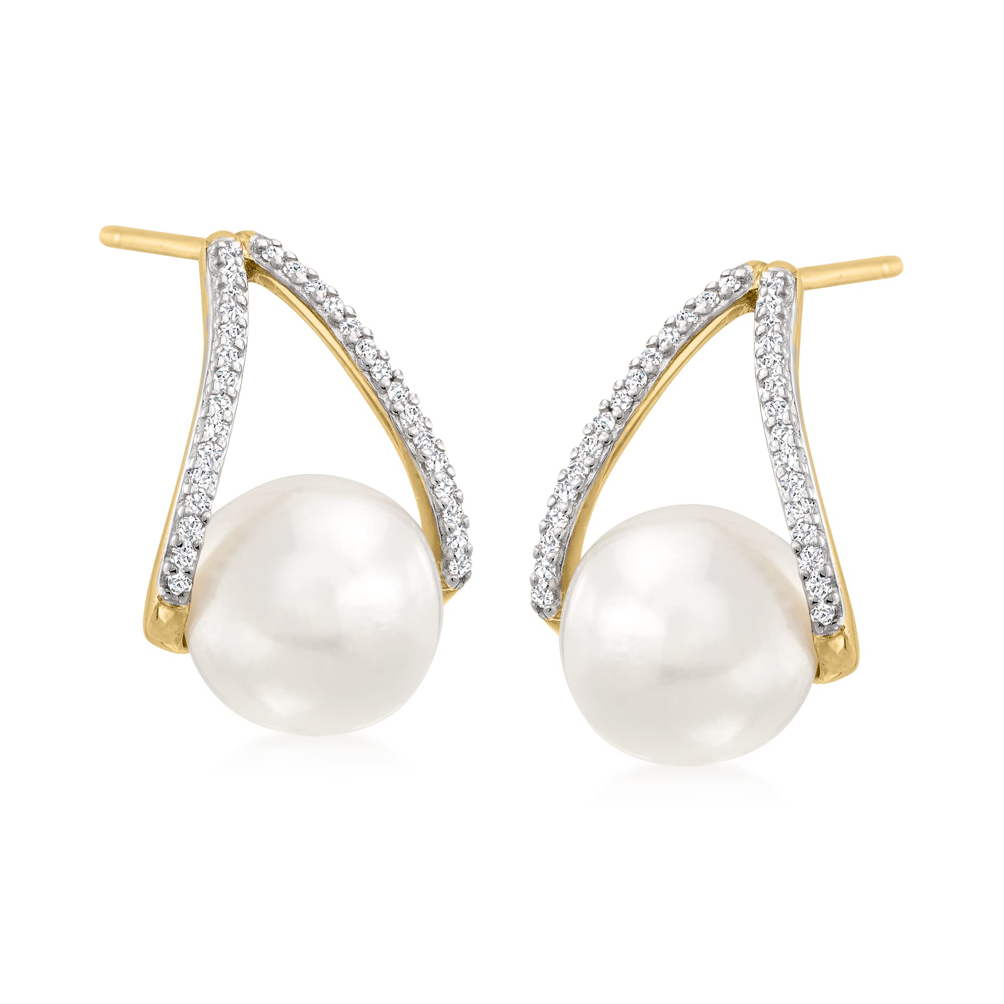 Ross-Simons 8-8.5mm Cultured Pearl and .12 ct. t.w. Diamond Drop Earrings in 14kt Yellow Gold