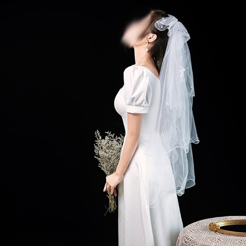 ZLXDP Wedding Veil with Big Bow Hair Accessories for Brides Multi-Tier White Sheer Tulle Curly Edge Short Length Headwear