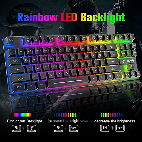 Wireless Gaming Keyboard Mouse and Wrist Rest Set with 87 Key Rainbow Backlight Rechargeable 3800mAh Battery Mechanical Feel Anti-ghosting Ergonomic Waterproof Mute Mice for PC Mac Gamer (Black Mix)