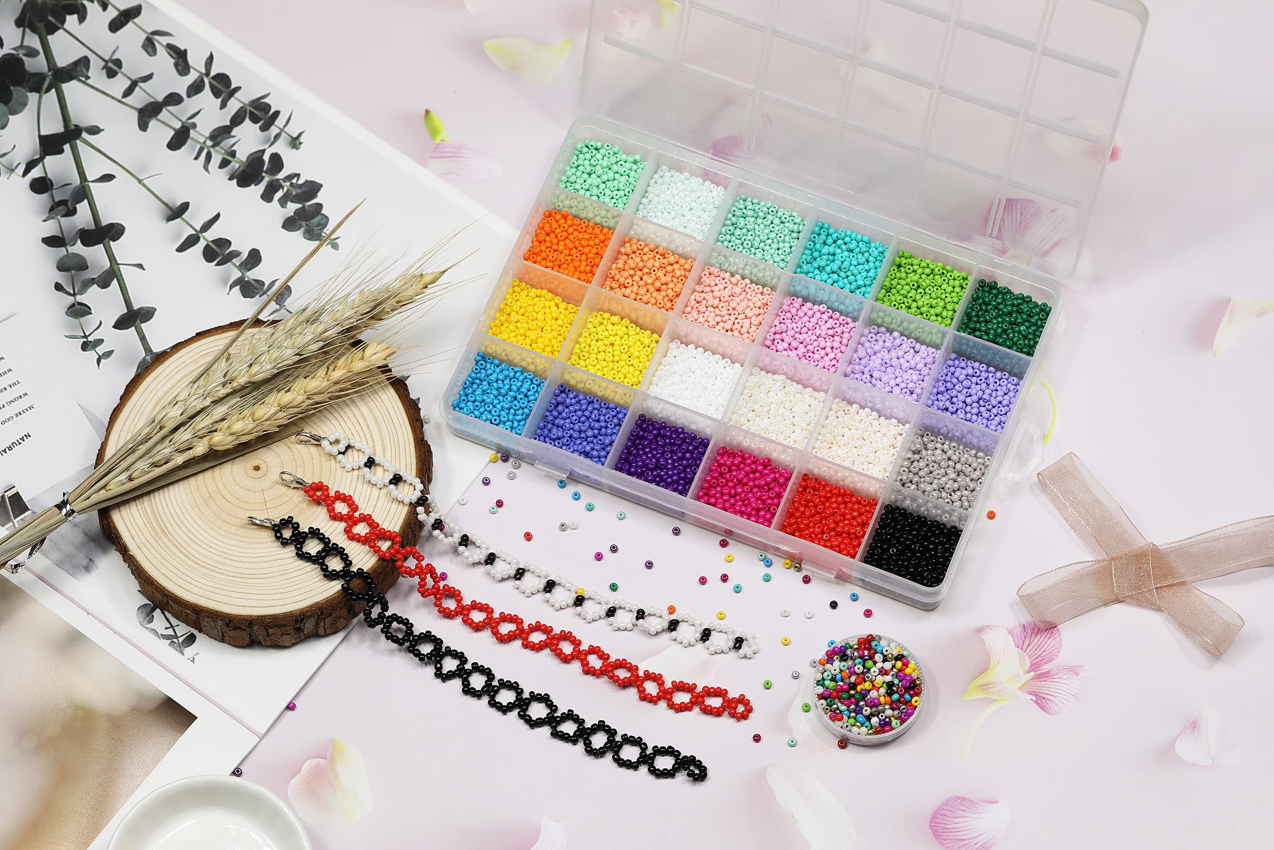 VOOMOLOVE About 7200pcs 3mm 8/0 Glass Seed Beads 24 Colors Loose Beads Kit Bracelet Beads with 24-Grid Plastic Storage Box for Jewelry Making