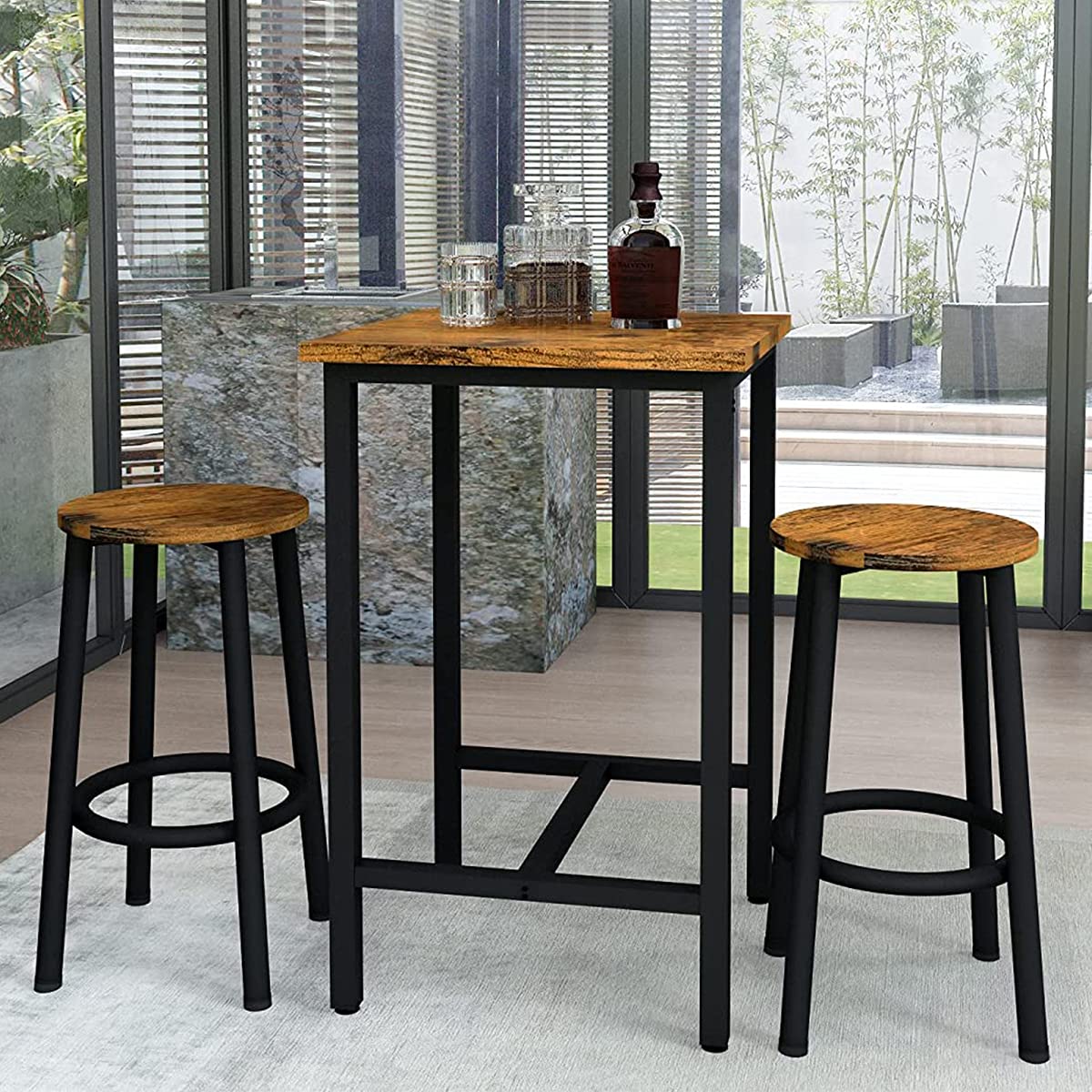 Recaceik 3 Piece Pub Dining Set, Modern bar Table and Stools for 2 Kitchen Counter Height Wood Top Bistro Easy Assemble for Breakfast Nook Living Room Small Space Restaurant, Rustic Brown 24β